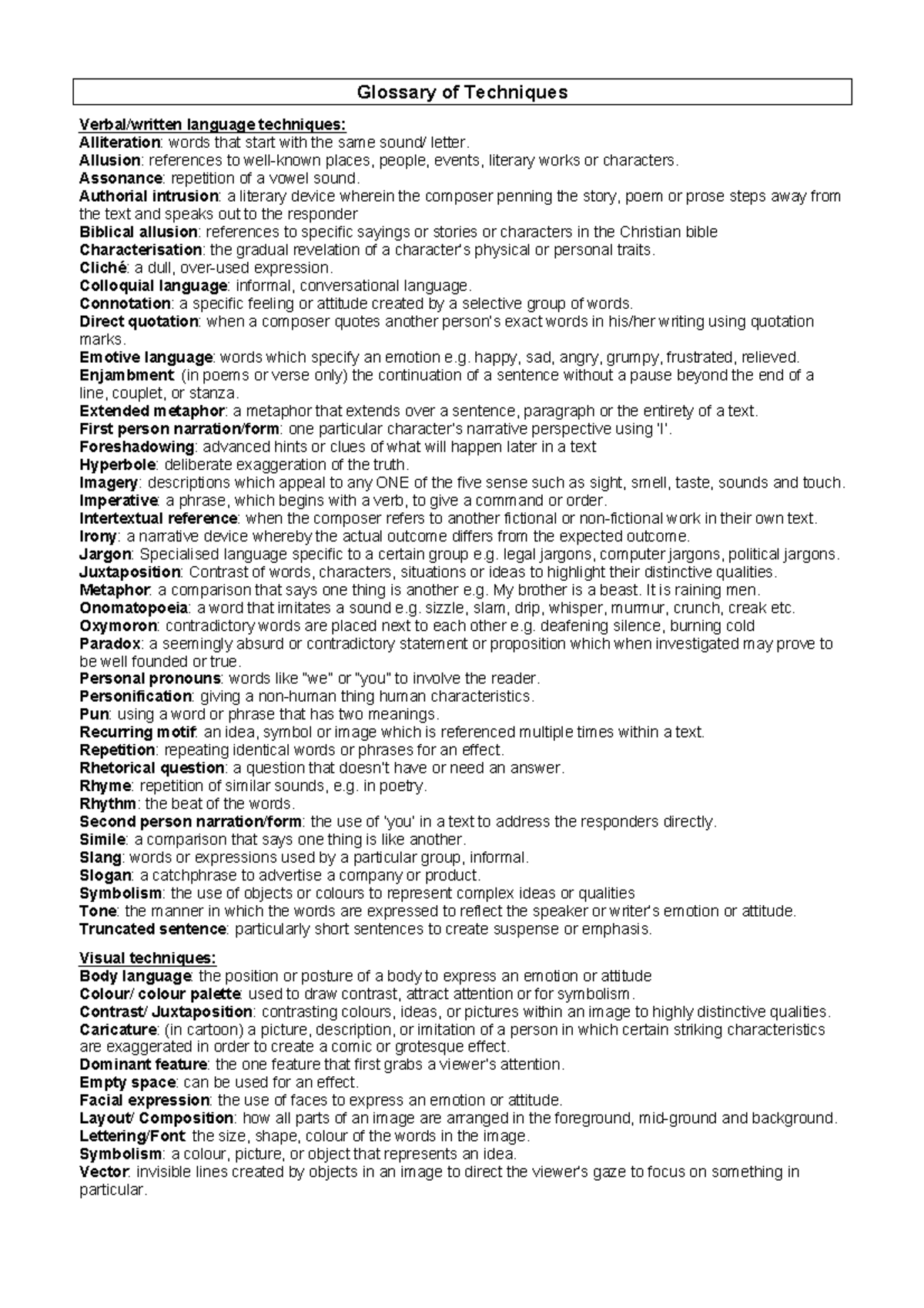 Glossary Of Techniques Glossary Of Techniques Verbal written Language