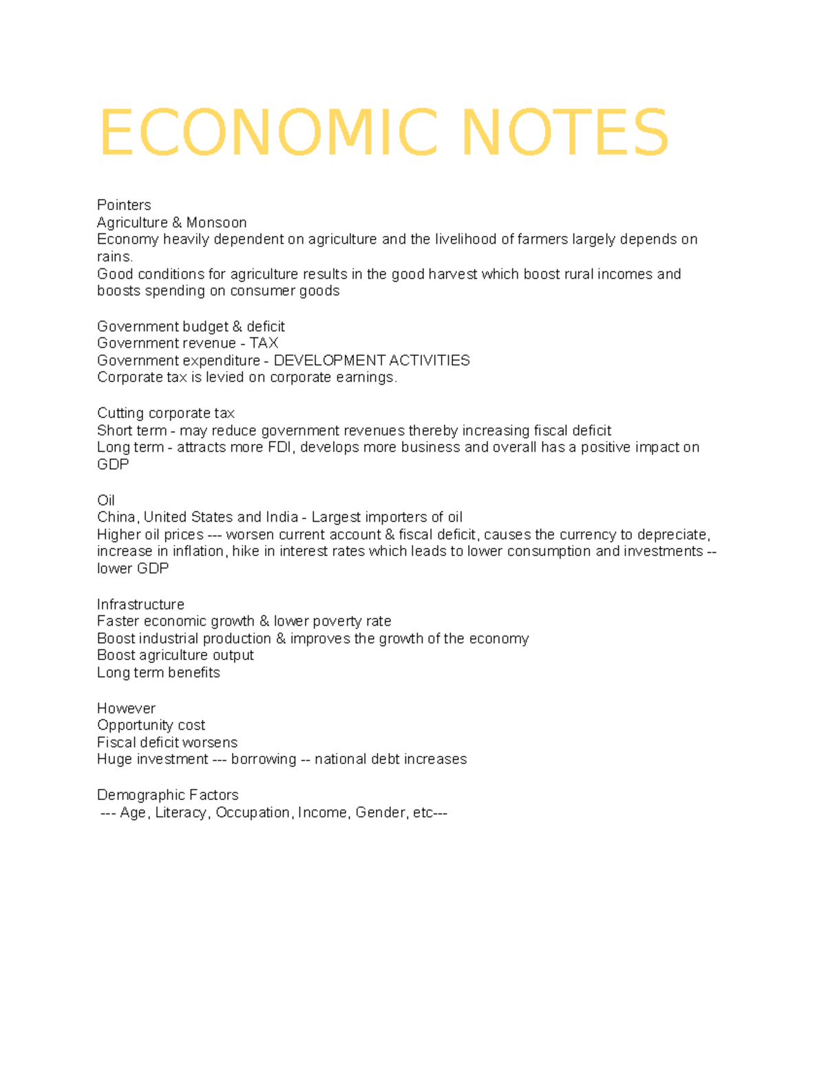 Economic Notes - ECONOMIC NOTES Pointers Agriculture & Monsoon Economy ...