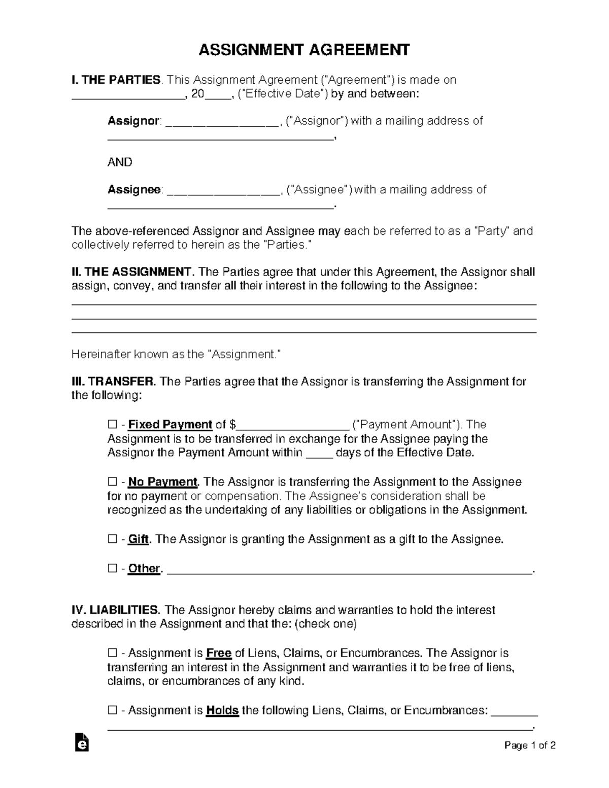 Assignment-Agreement-Form - Page 1 of 2 ASSIGNMENT AGREEMENT I. THE ...