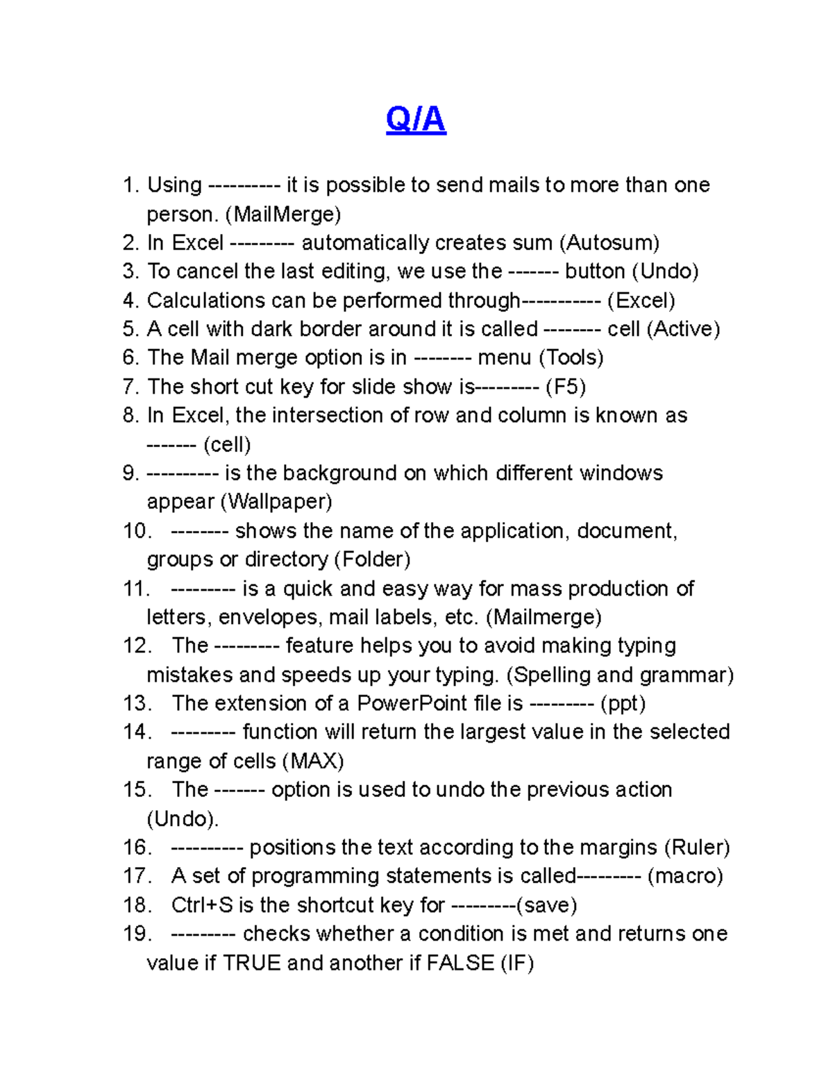 Question and Answer for excel,word,pptx - Q/A Using - it is possible to ...