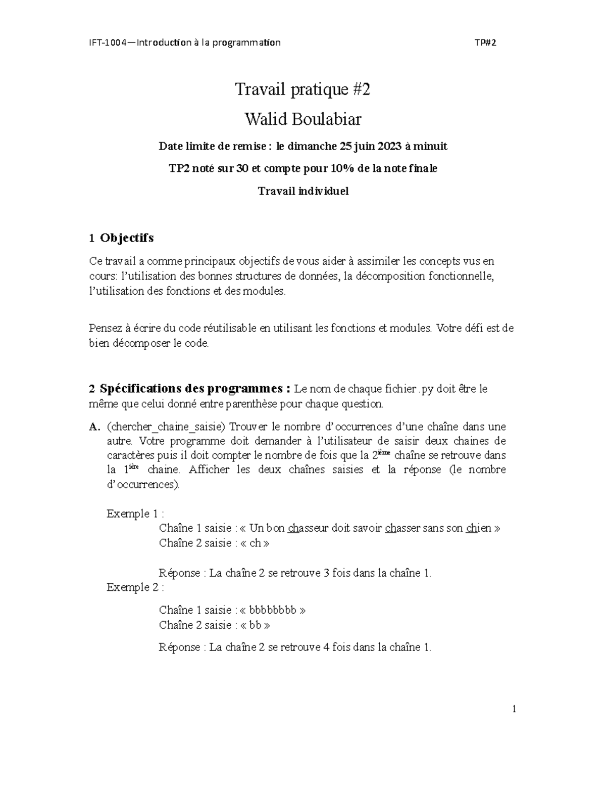 TP2 consignes - Introduction à la programmation - ULaval - Studocu