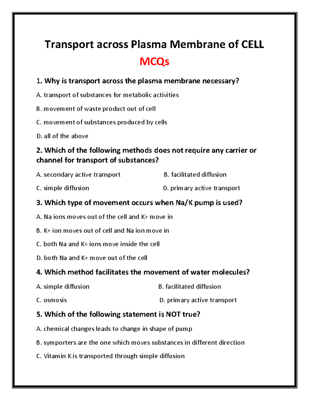Transport Membrane MCQyyyy - Transport across Plasma Membrane of CELL ...