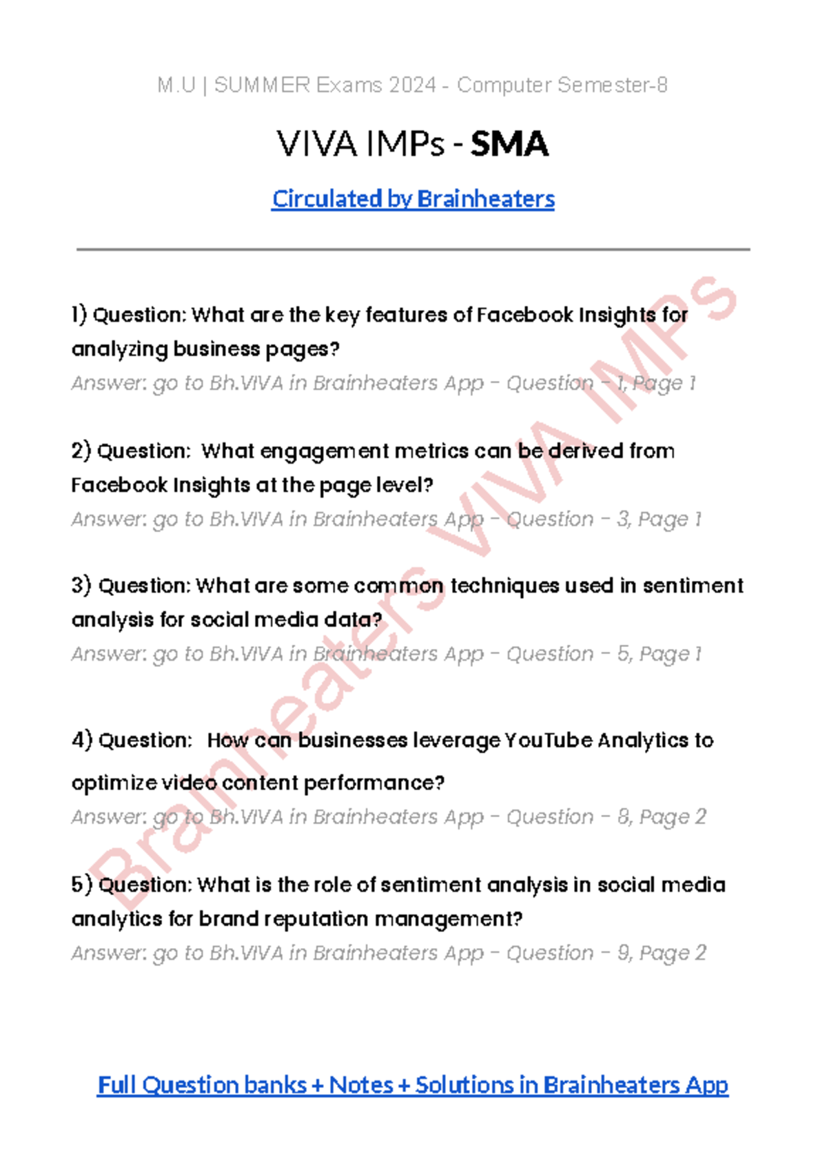 SMA-Computer Sem8 VIVA IMPs - Brainheaters VIVA IMPs M | SUMMER Exams 2024 - Computer Semester ...