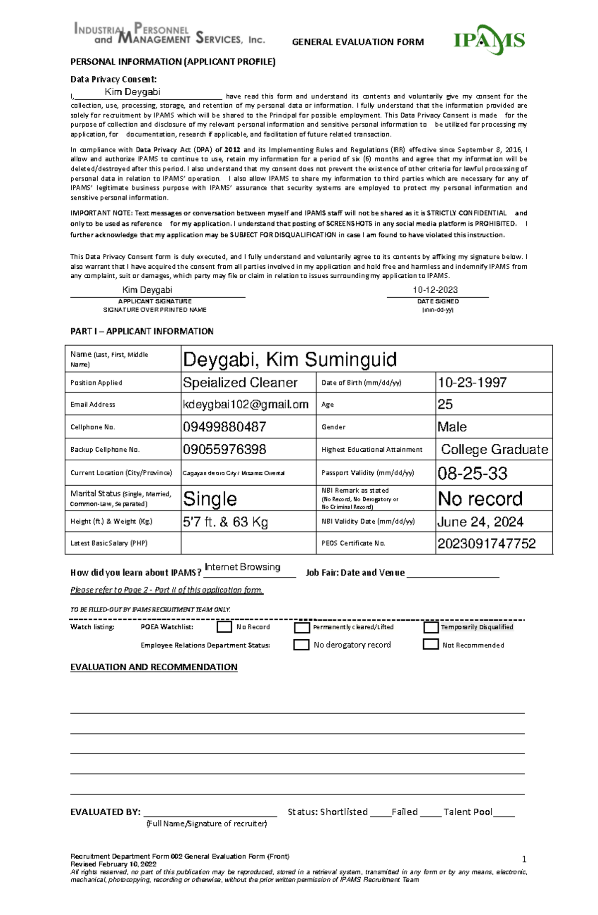 Ipams+General+Evaluation+Form 2 - GENERAL EVALUATION FORM Recruitment Department Form 00 2 ...