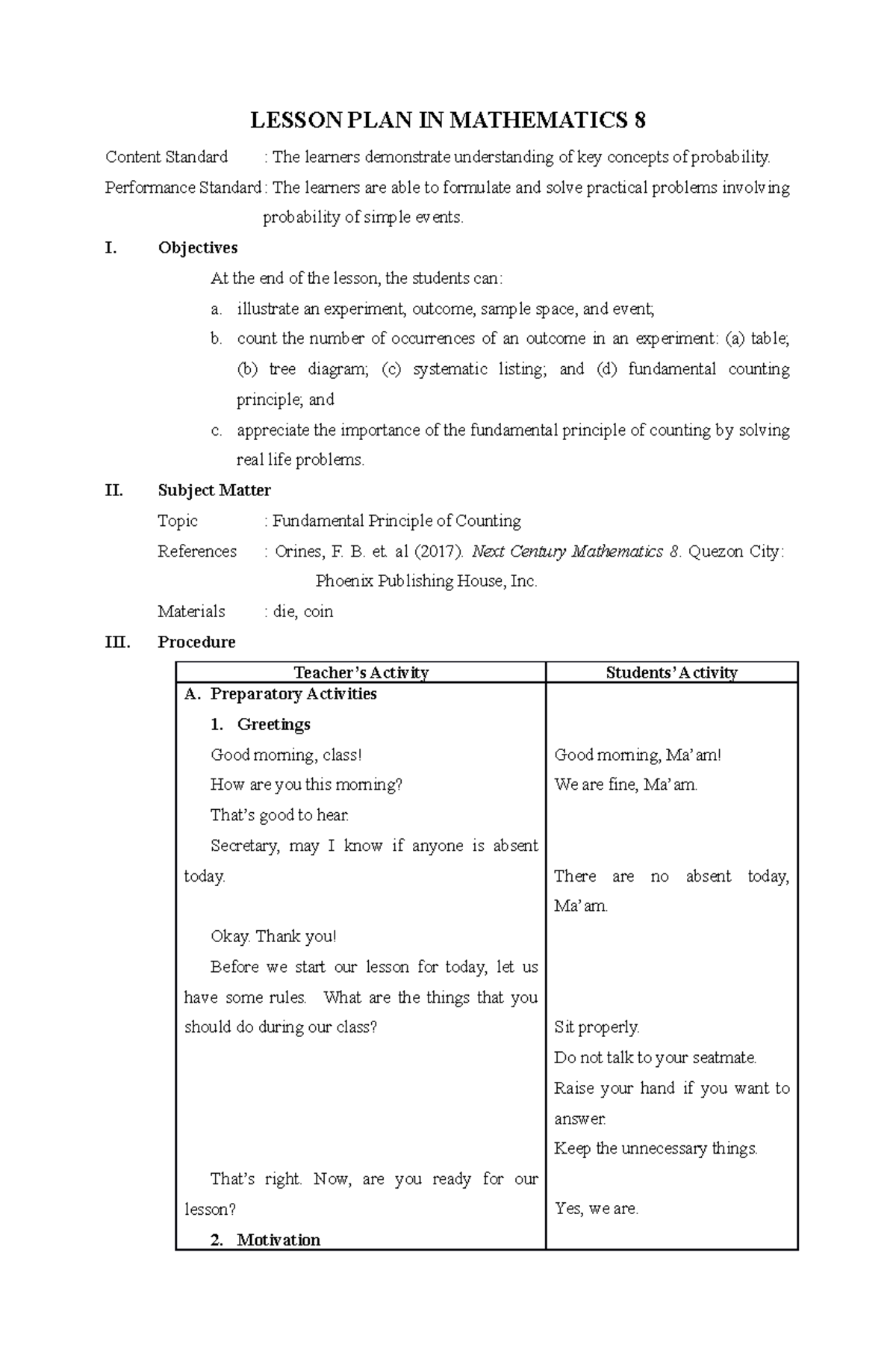 Lesson Planin Mathematics 8 - LESSON PLAN IN MATHEMATICS 8 Content ...