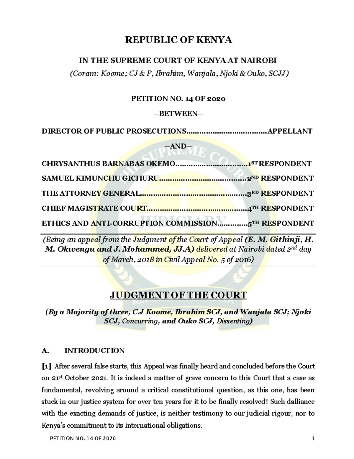 Judgment Petition 14 of 2020 DPP v Okemo and 4 others - REPUBLIC OF ...