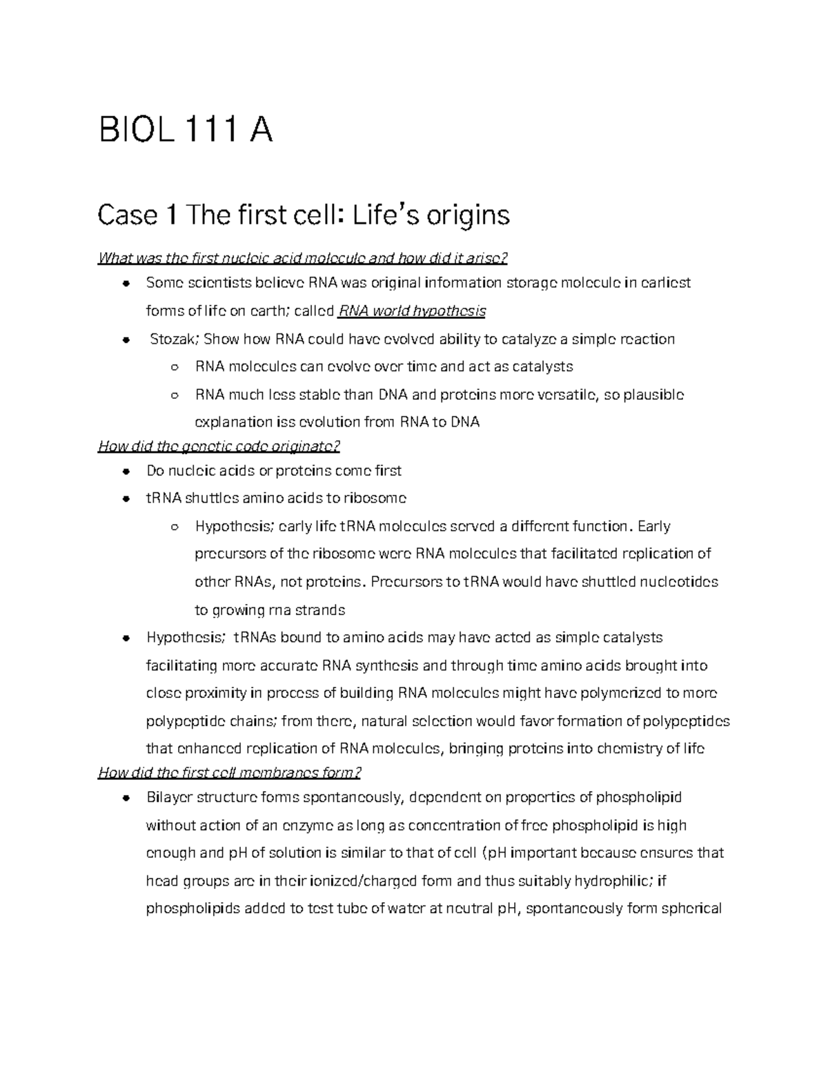 Chapter 1-2 Textbook Notes BIOL 111 A - Google Docs - BIOL 111 A Case 1 ...