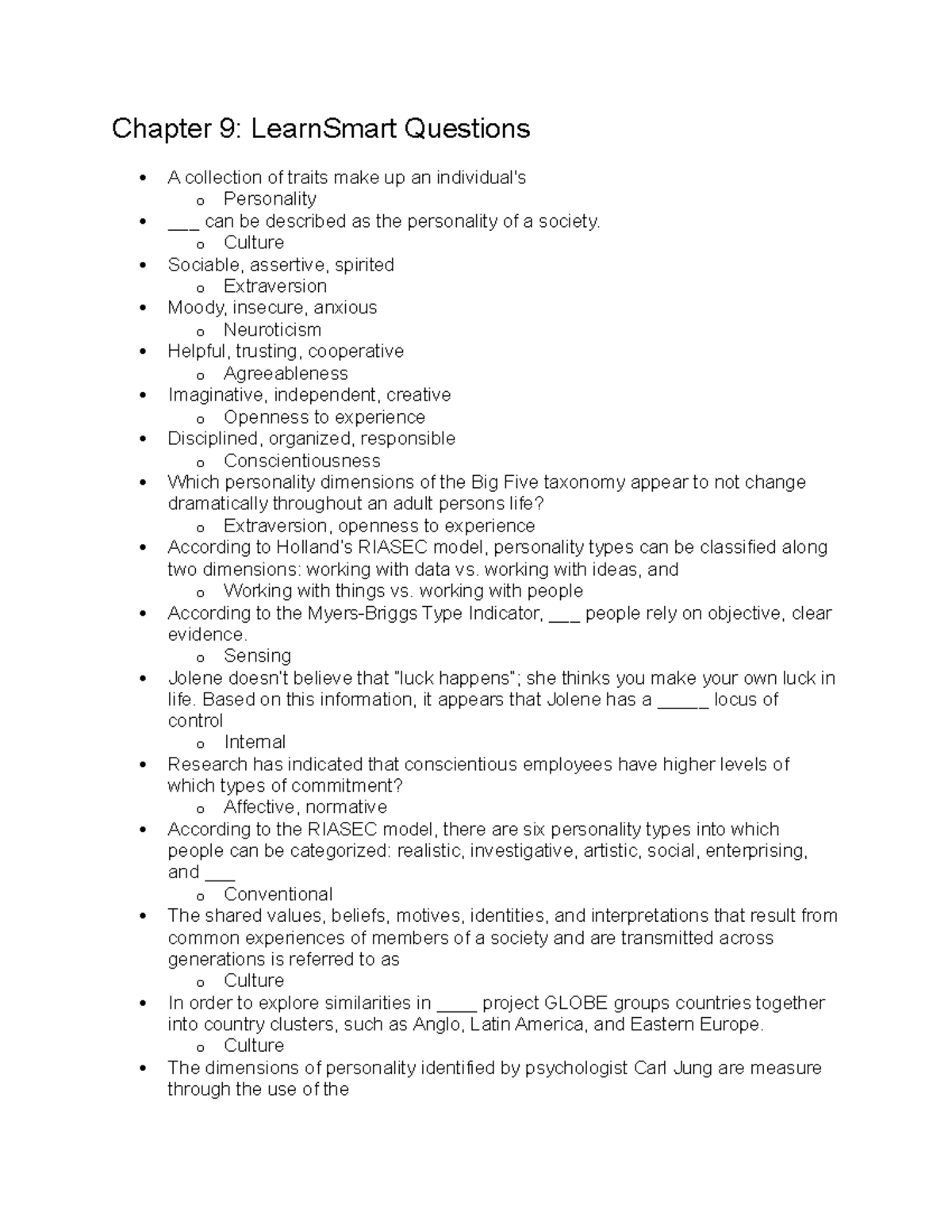 MGMT 363 Chapter 9 Learn Smart Questions - Chapter 9: LearnSmart Questions A collection of ...