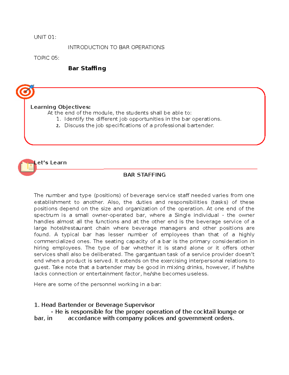 Unit 1 Topic 5 Bar Staffing - UNIT 01: INTRODUCTION TO BAR OPERATIONS ...