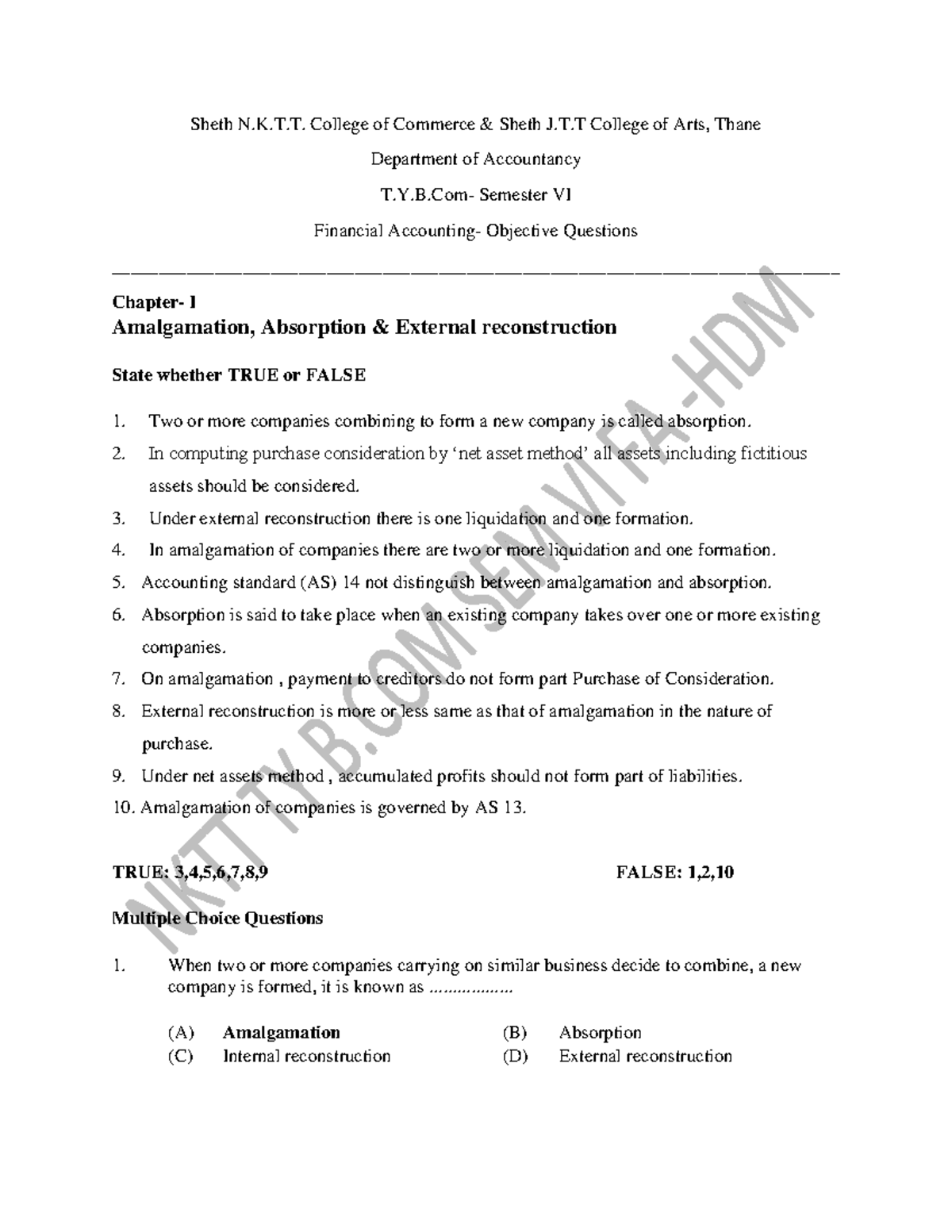 Tybcom Question Bank (Objective Questions) - Sheth N.K.T. College of Commerce & Sheth J.T - Studocu