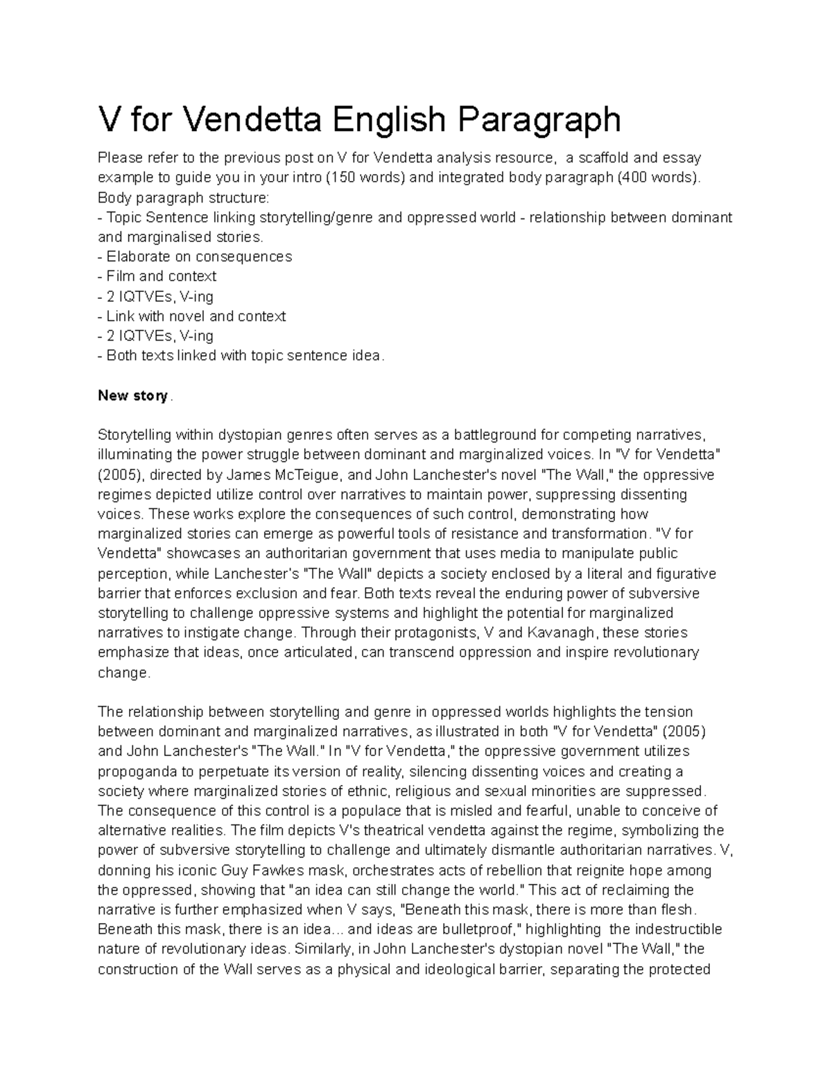 V for Vendetta English Paragraph - Body paragraph structure: Topic ...