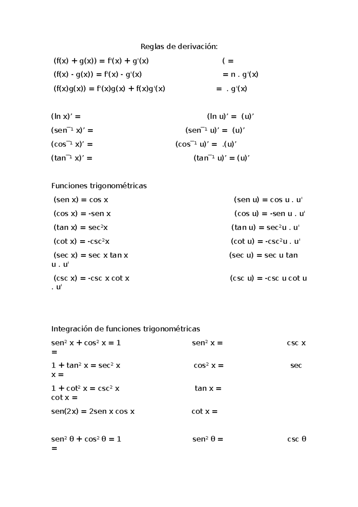 Formulas de Cálculo 1 - Reglas de derivación: (f(x) + g(x)) = f'(x) + g ...