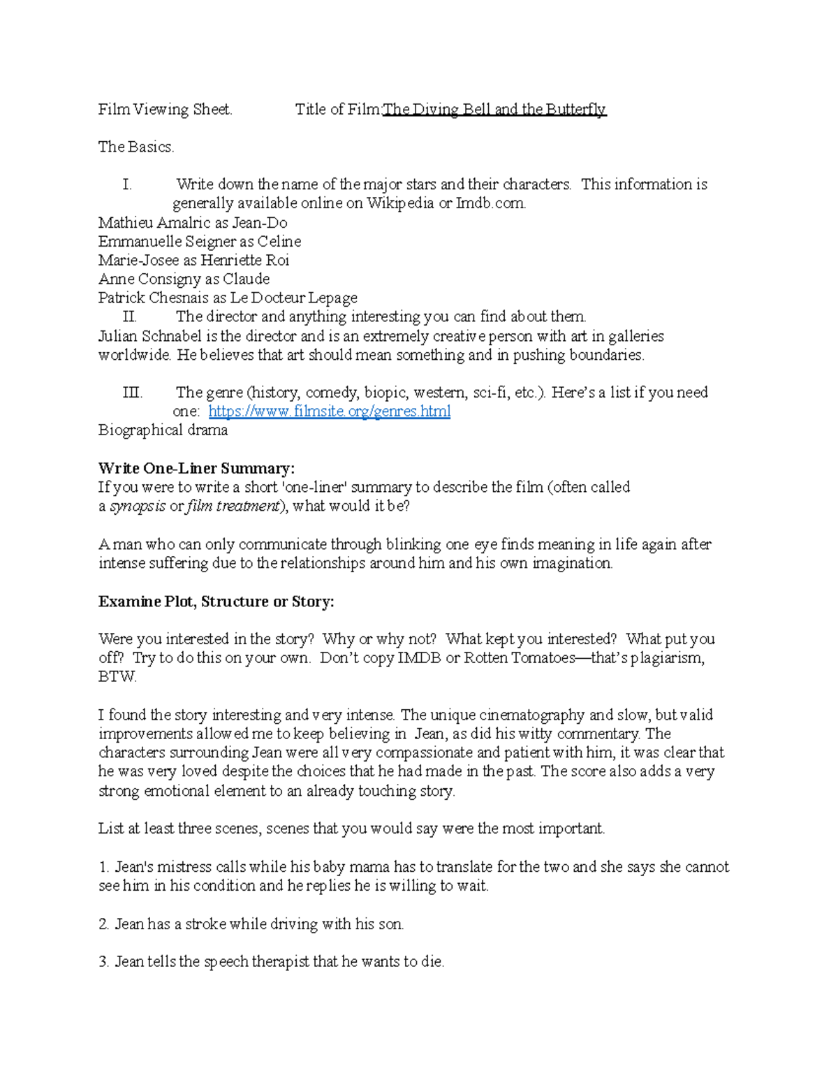 FVSR - Ann Hall Final Grade: A - Film Viewing Sheet. Title of Film:The ...