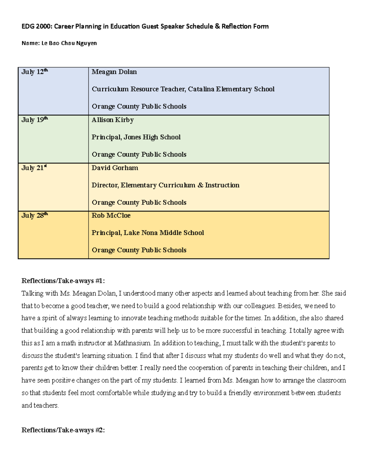 Chau Nguyen Guest Speaker Reflection Form - EDG 2000: Career Planning ...
