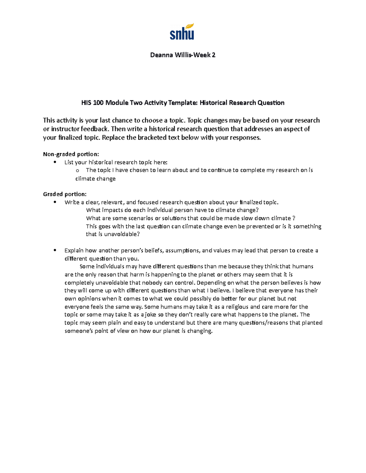 HIS 100 Module Two Activity Research Question Template - Deanna Willis ...
