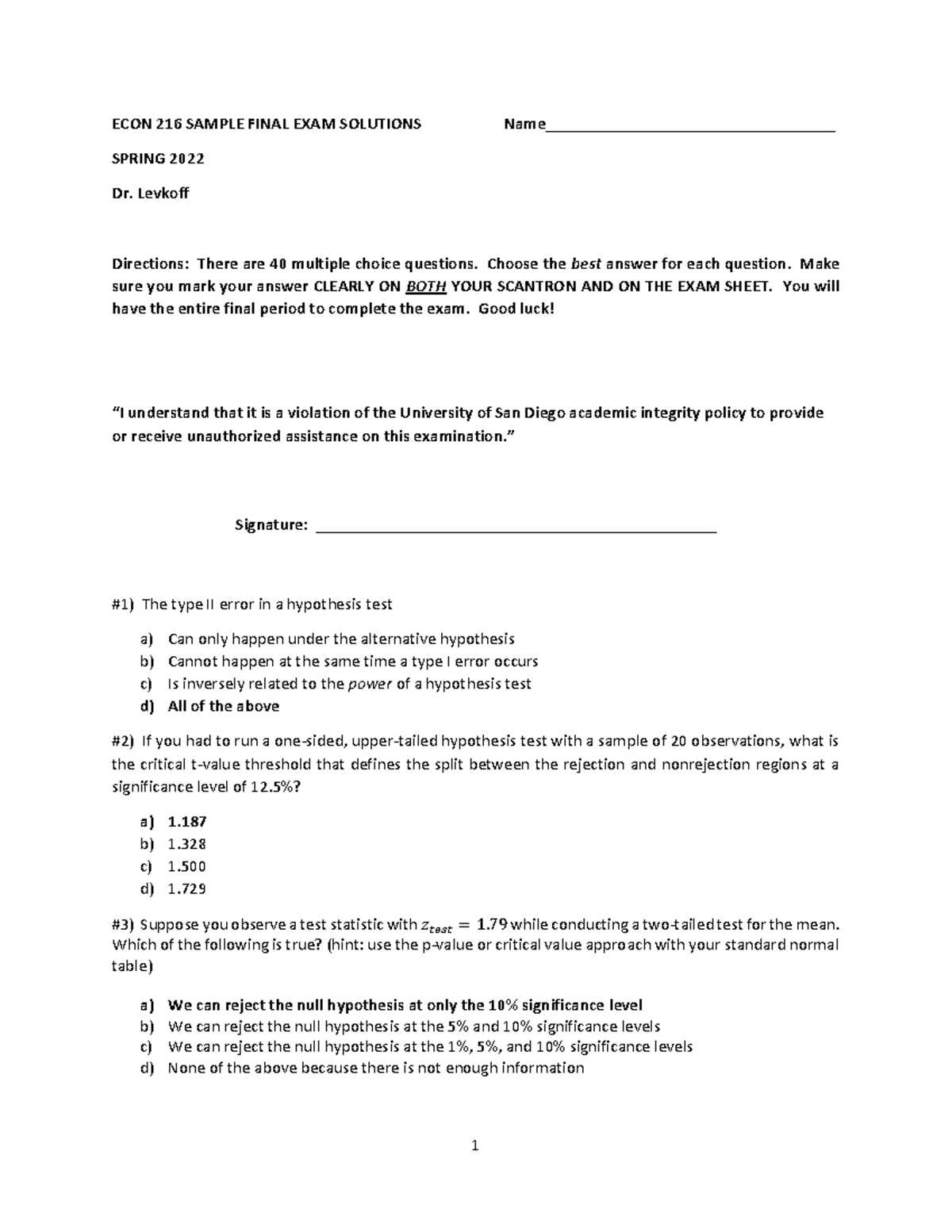 ECON 216 Sample Final EXAM SP22 SOLN - ECON 216 SAMPLE FINAL EXAM ...
