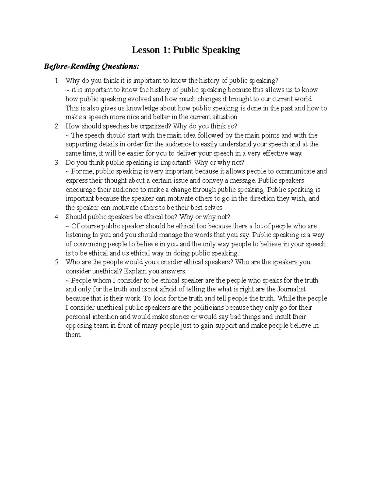 7 - Activity 7 - Lesson 1: Public Speaking Before-Reading Questions ...