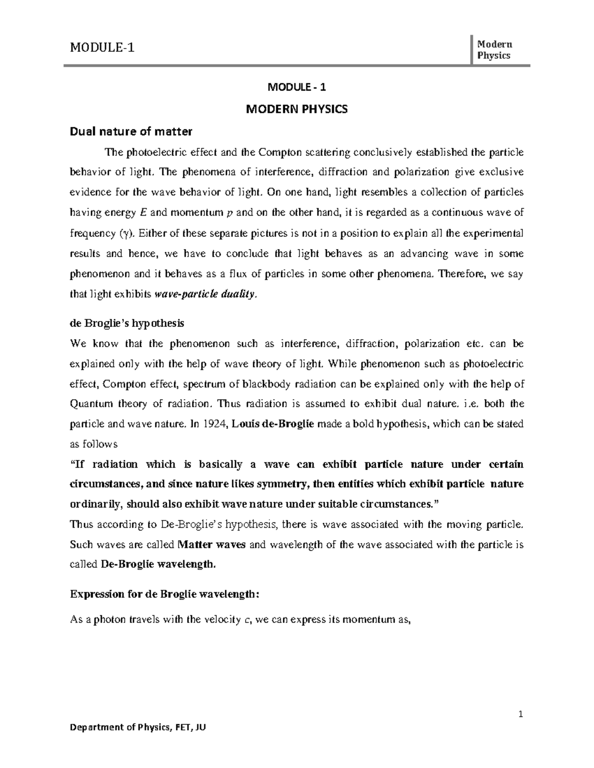 Module-1 Modern Physics - 1 MODULE - 1 MODERN PHYSICS Dual nature of ...