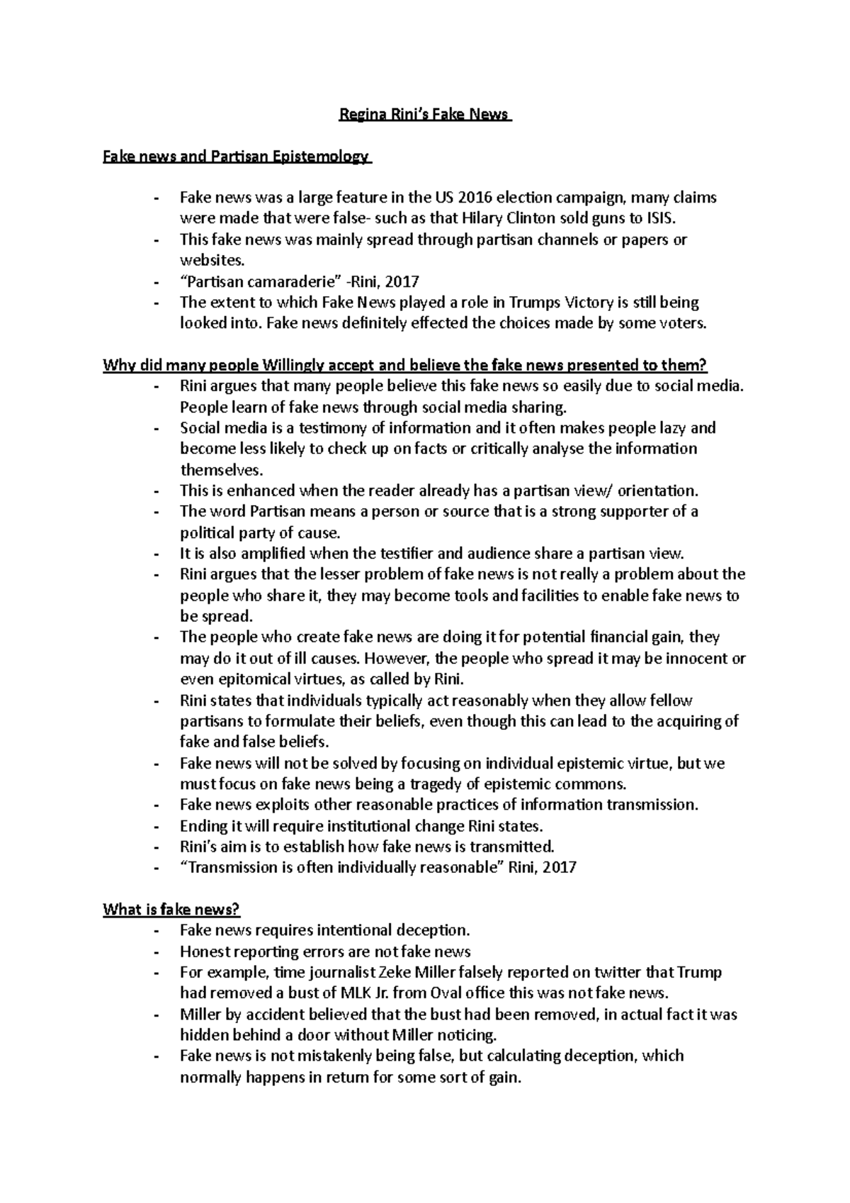 Regina Rini part 1 - Lecture notes 4 - Regina Rini’s Fake News Fake ...