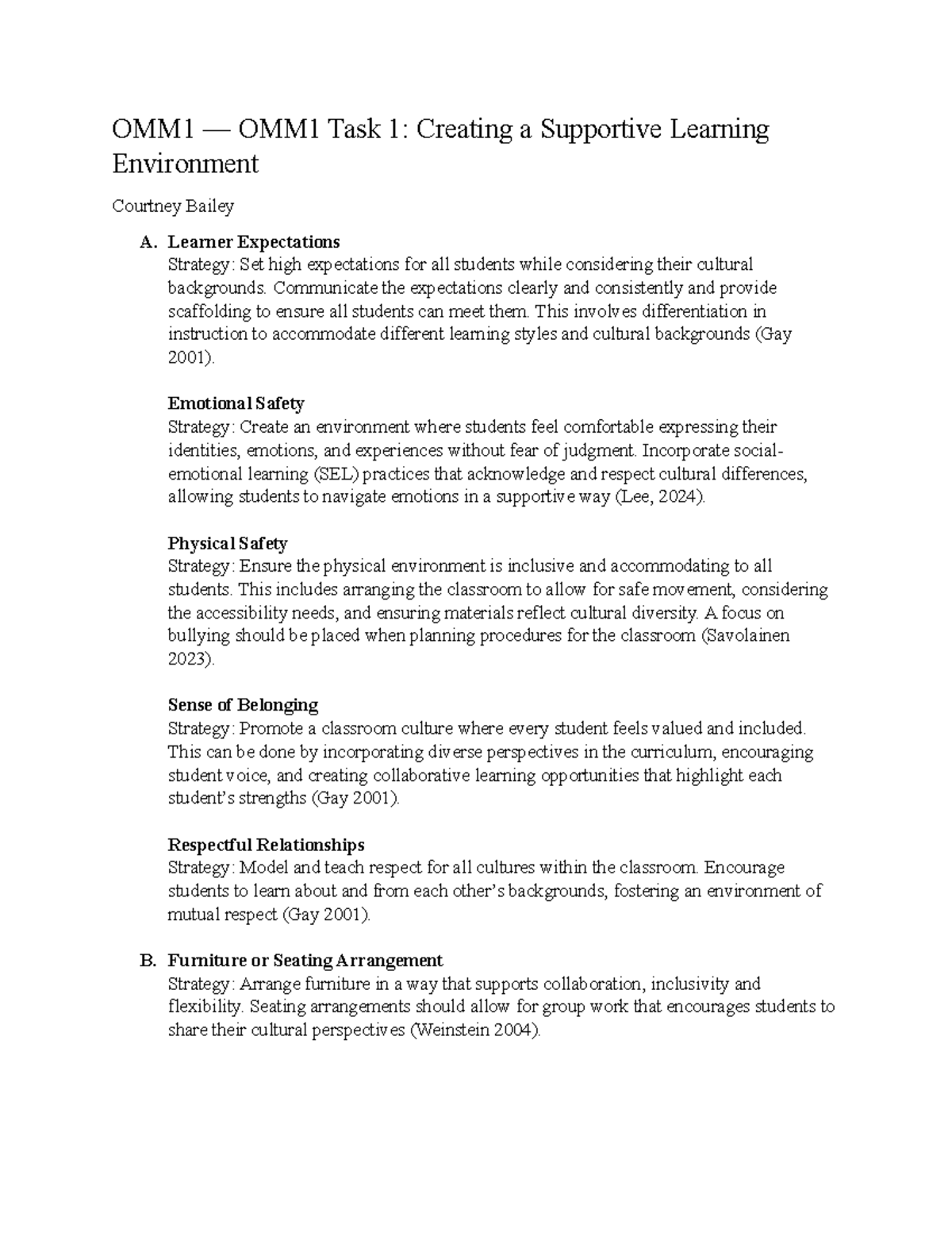 Creating A Supportive Learning Environment Omm1 — Omm1 Task 1 Creating A Supportive Learning