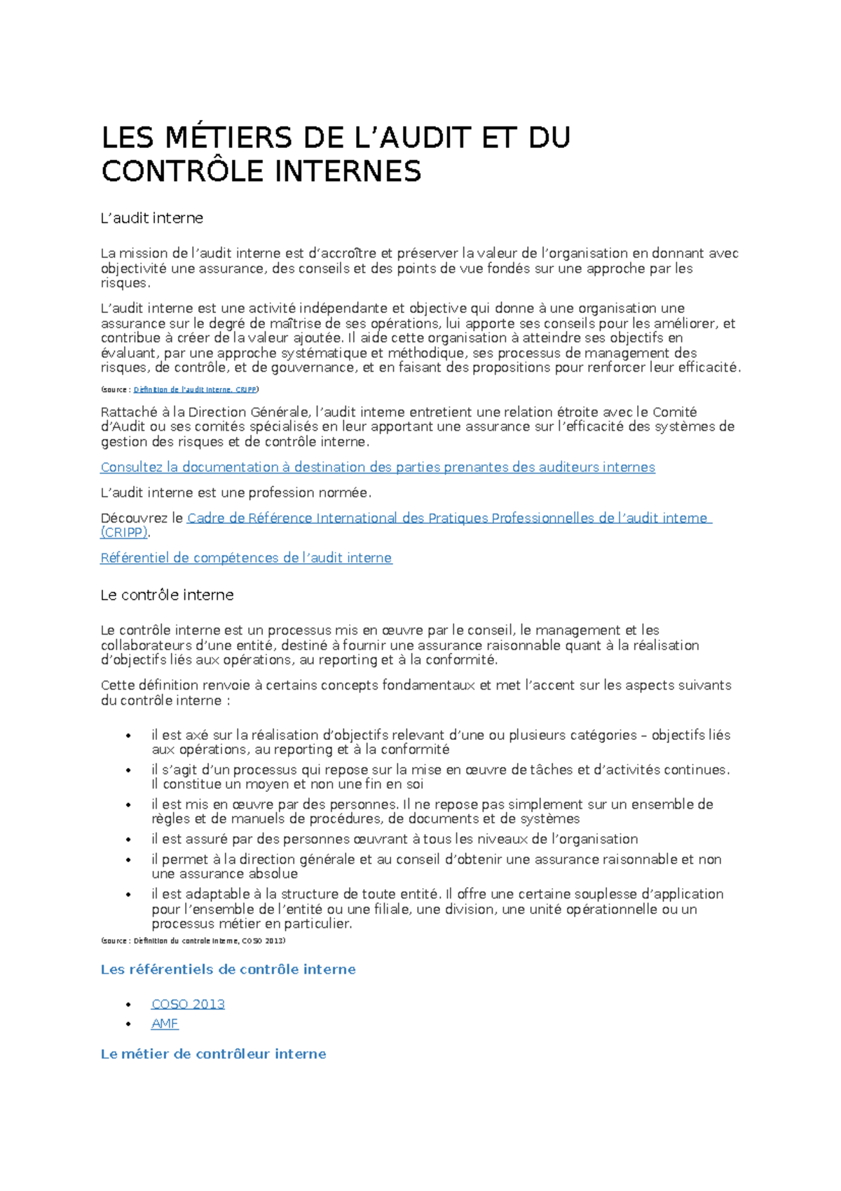 LES Métiers DE Contrôleur Interne - LES MÉTIERS DE L’AUDIT ET DU ...
