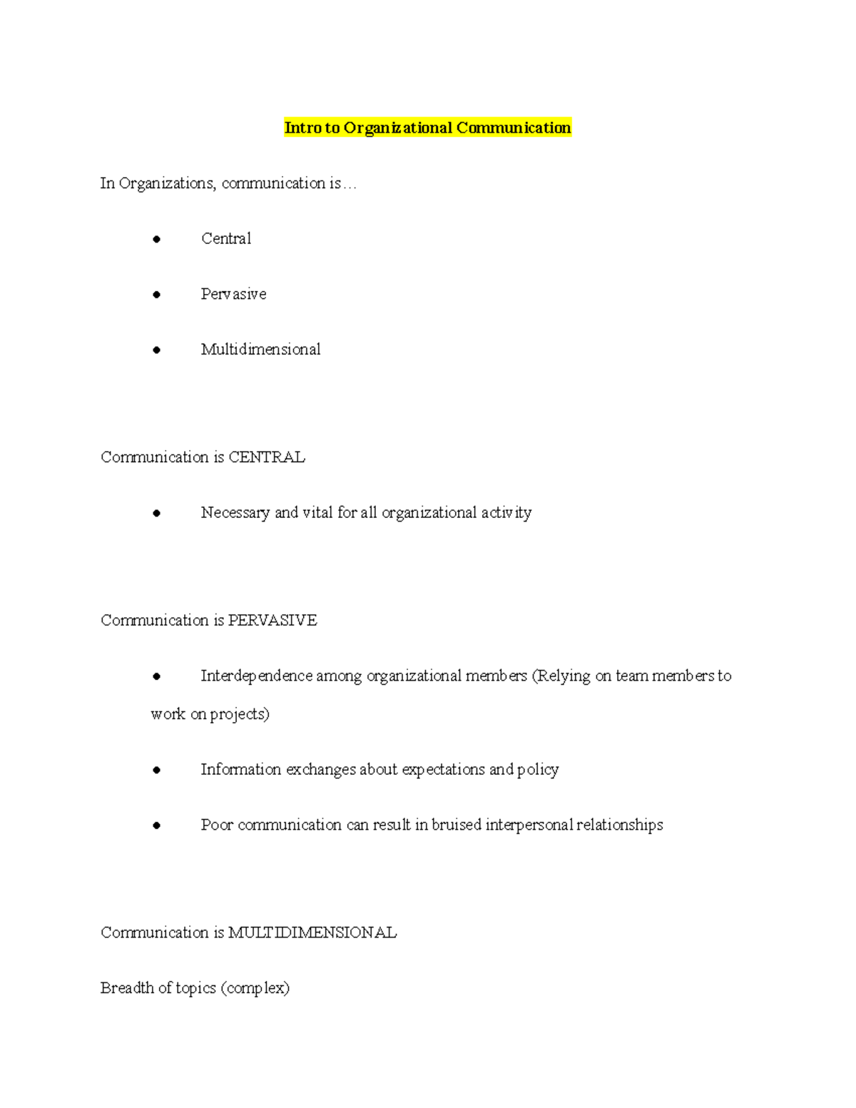 Introduction to Organizational Communication Notes Part 1 - Intro to ...