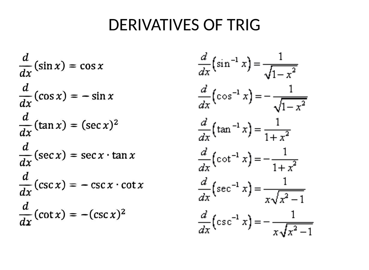 Derivatives OF TRIG - DE and practice matt - DERIVATIVES OF TRIG d 1 (sin x) = cosx (sin-1x ...
