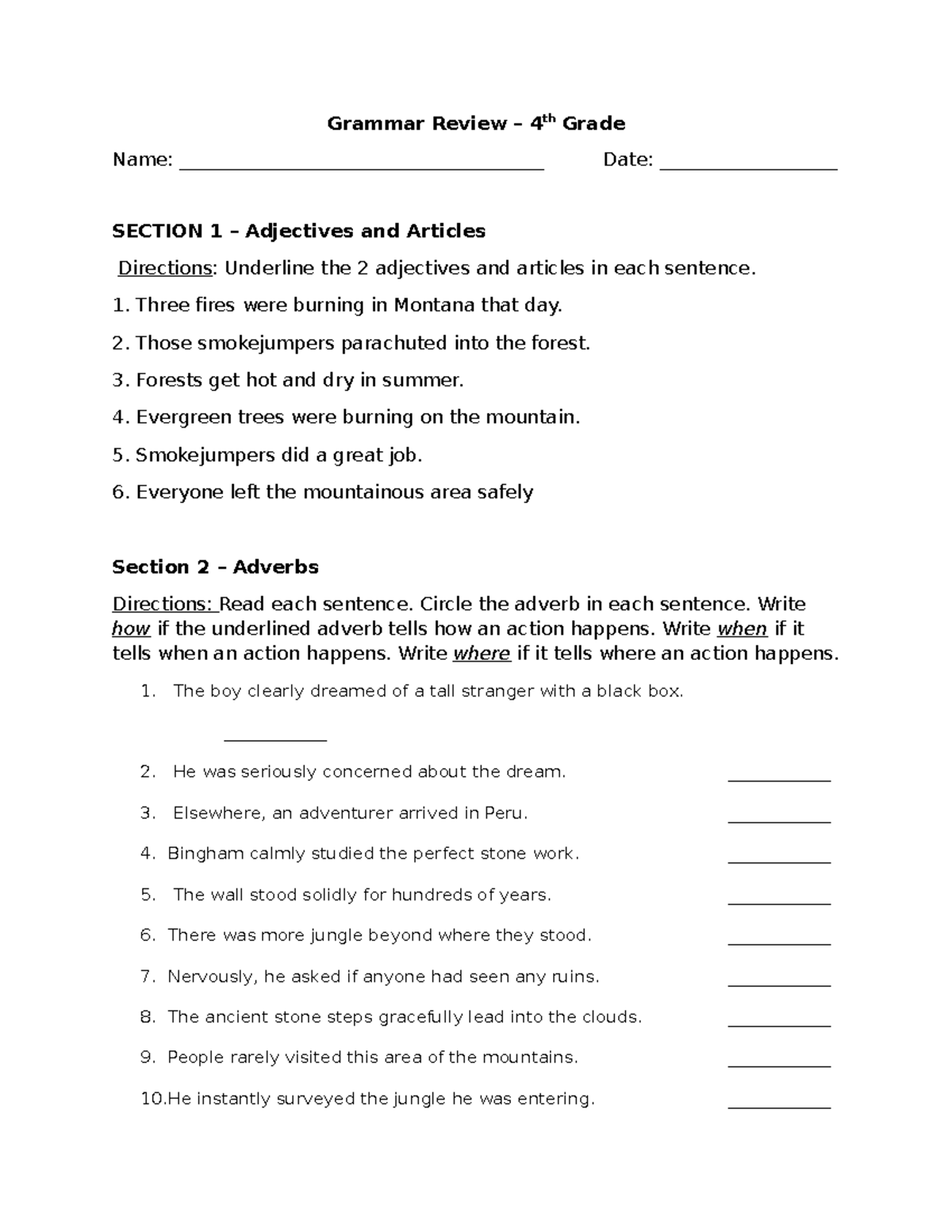 Module 5 Grammar Review - Grammar Review – 4th Grade Name