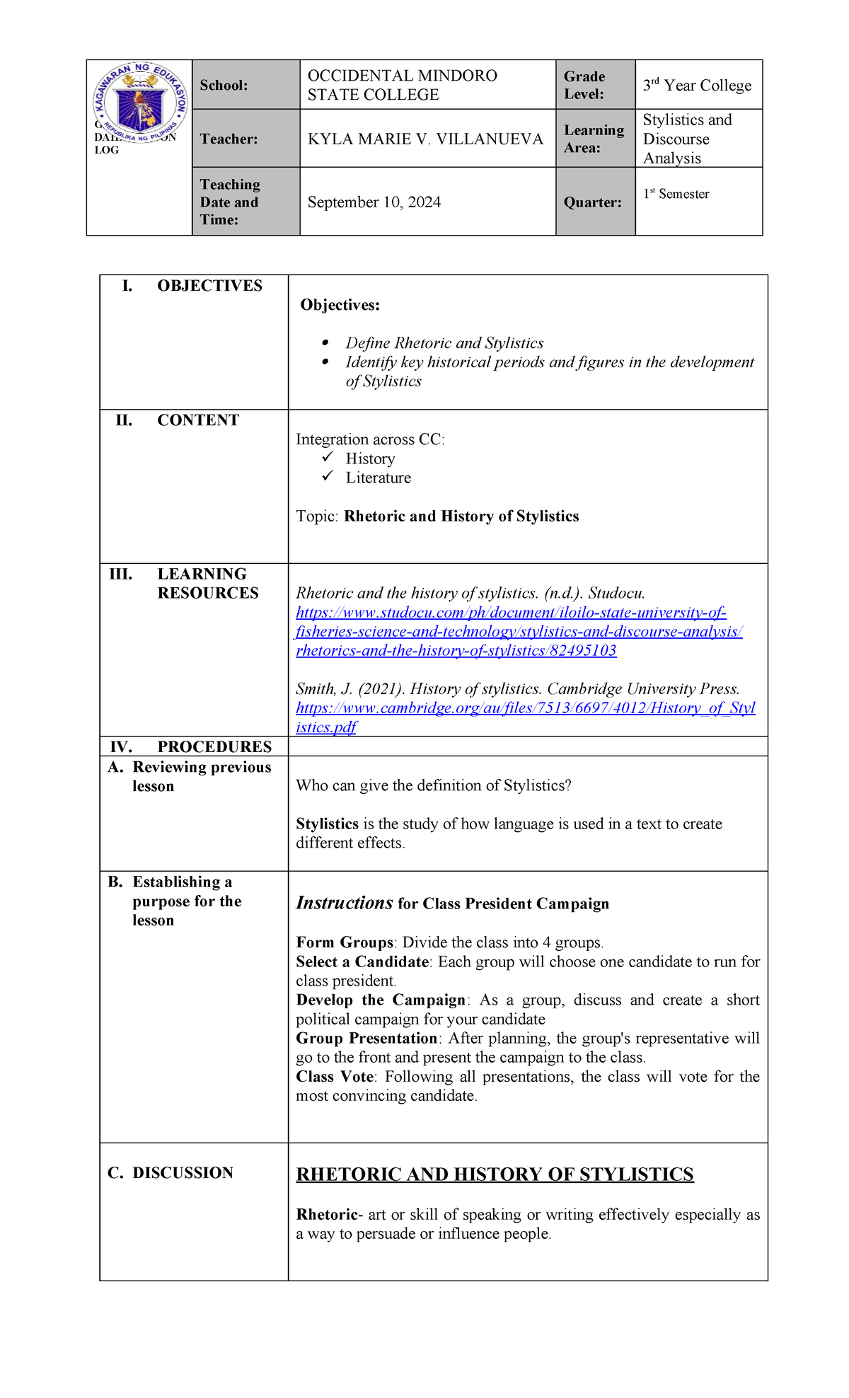 LP-template 11 - lesson plan - I. OBJECTIVES Objectives: Define ...