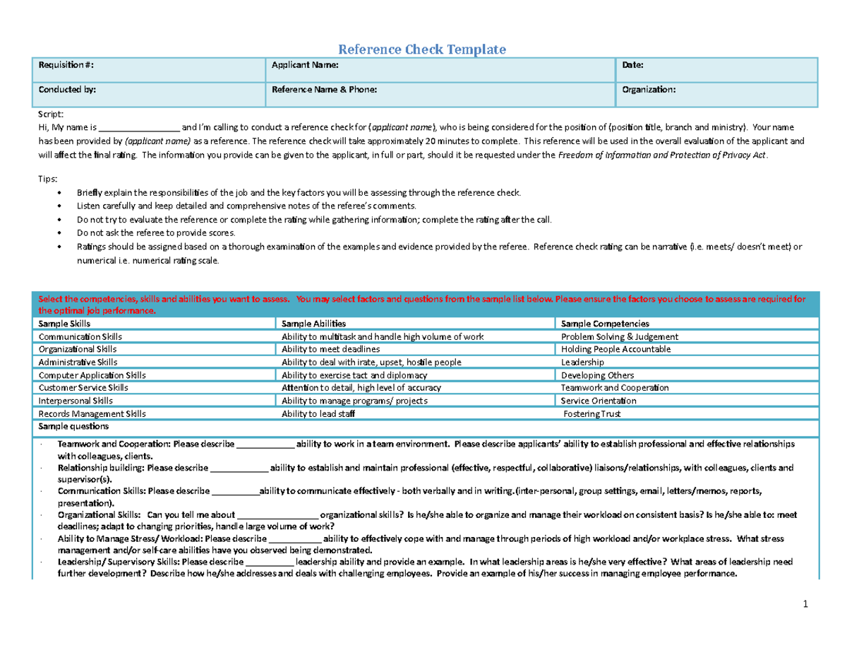 Sample Reference Check - Requisition #: Applicant Name: Date: Conducted ...