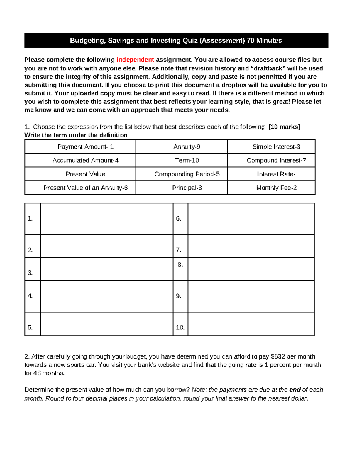 Unit 5- Budgeting, Savings and Investing Quiz - Budgeting, Savings and ...