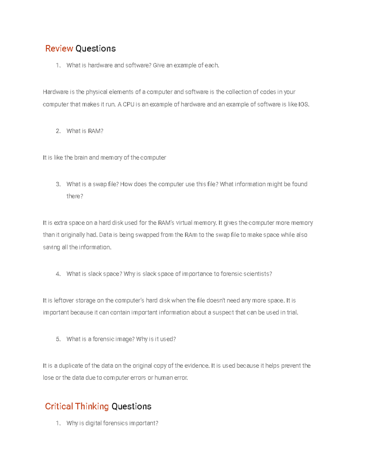 Digital Evidence - Review Questions What is hardware and software? Give ...