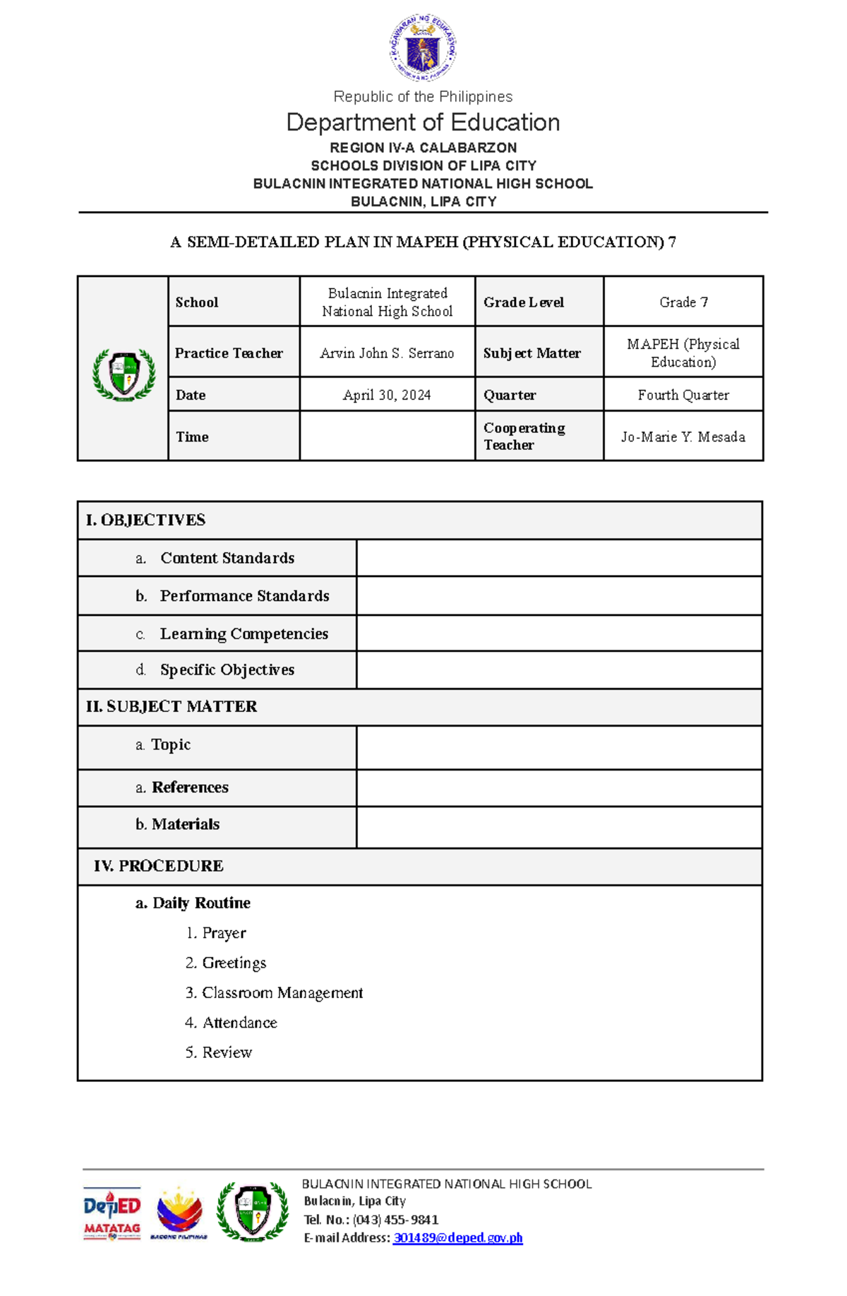 Final DEMO Lesson PLAN - Republic of the Philippines Department of ...