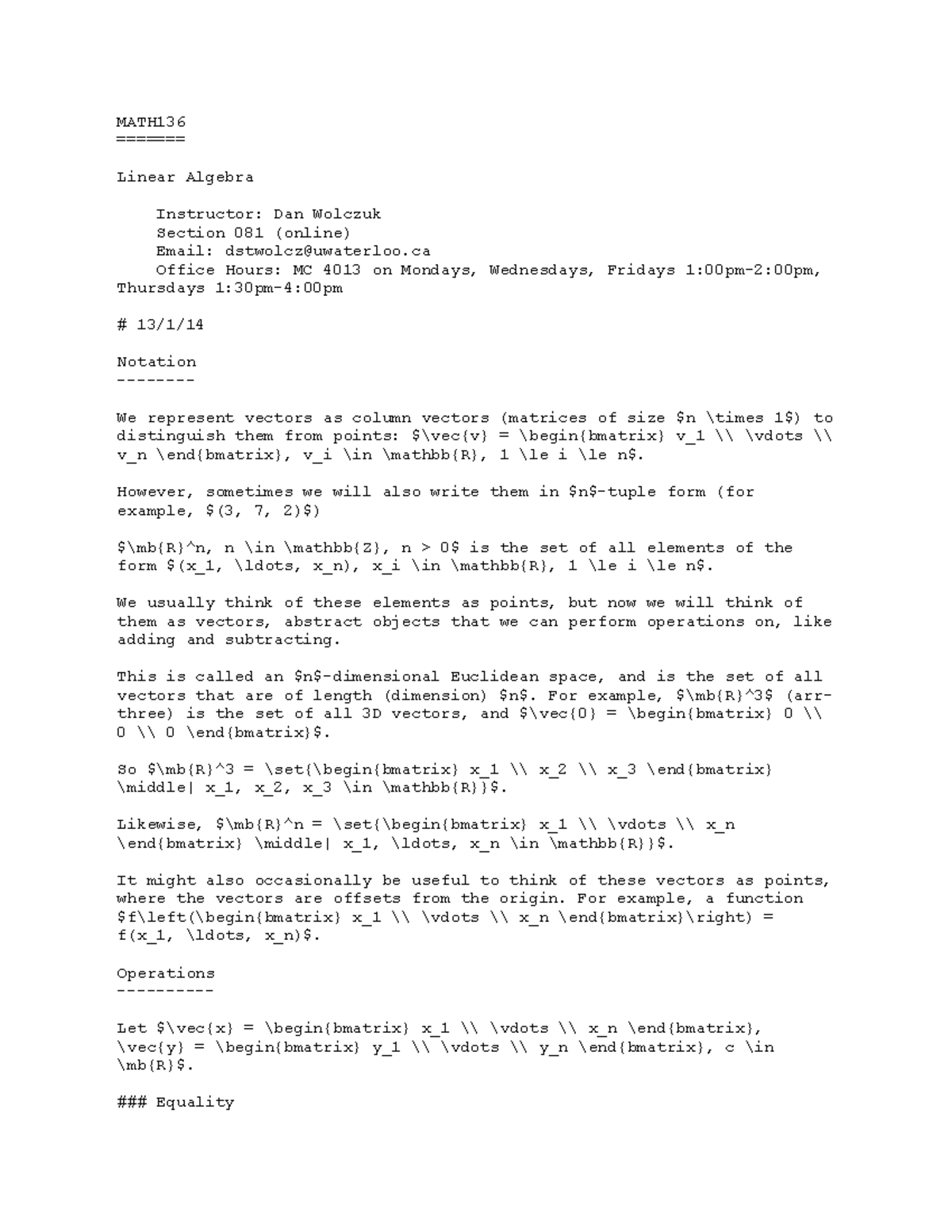Math136 Lecture Notes Math Linear Algebra Instructor Dan Wolczuk Section 081 Online