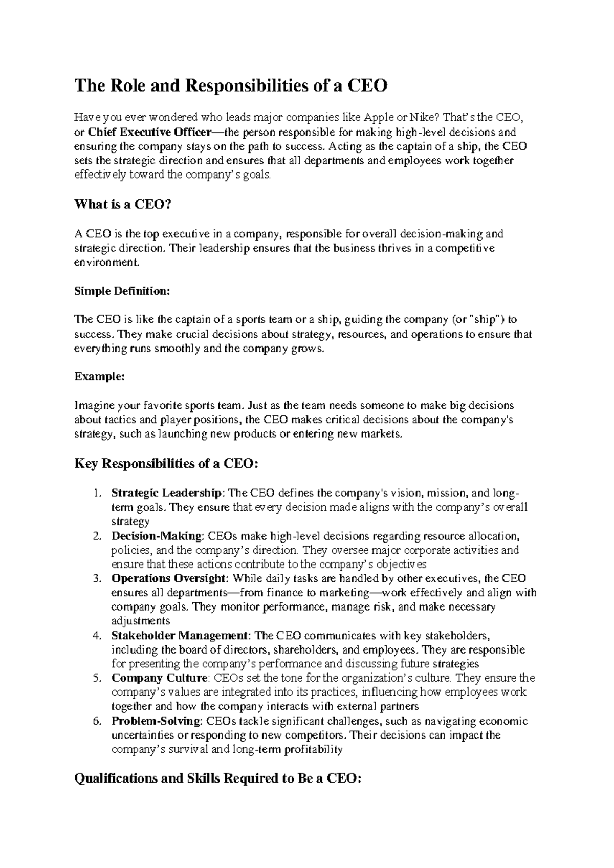 CEO Function - The Role and Responsibilities of a CEO Have you ever ...