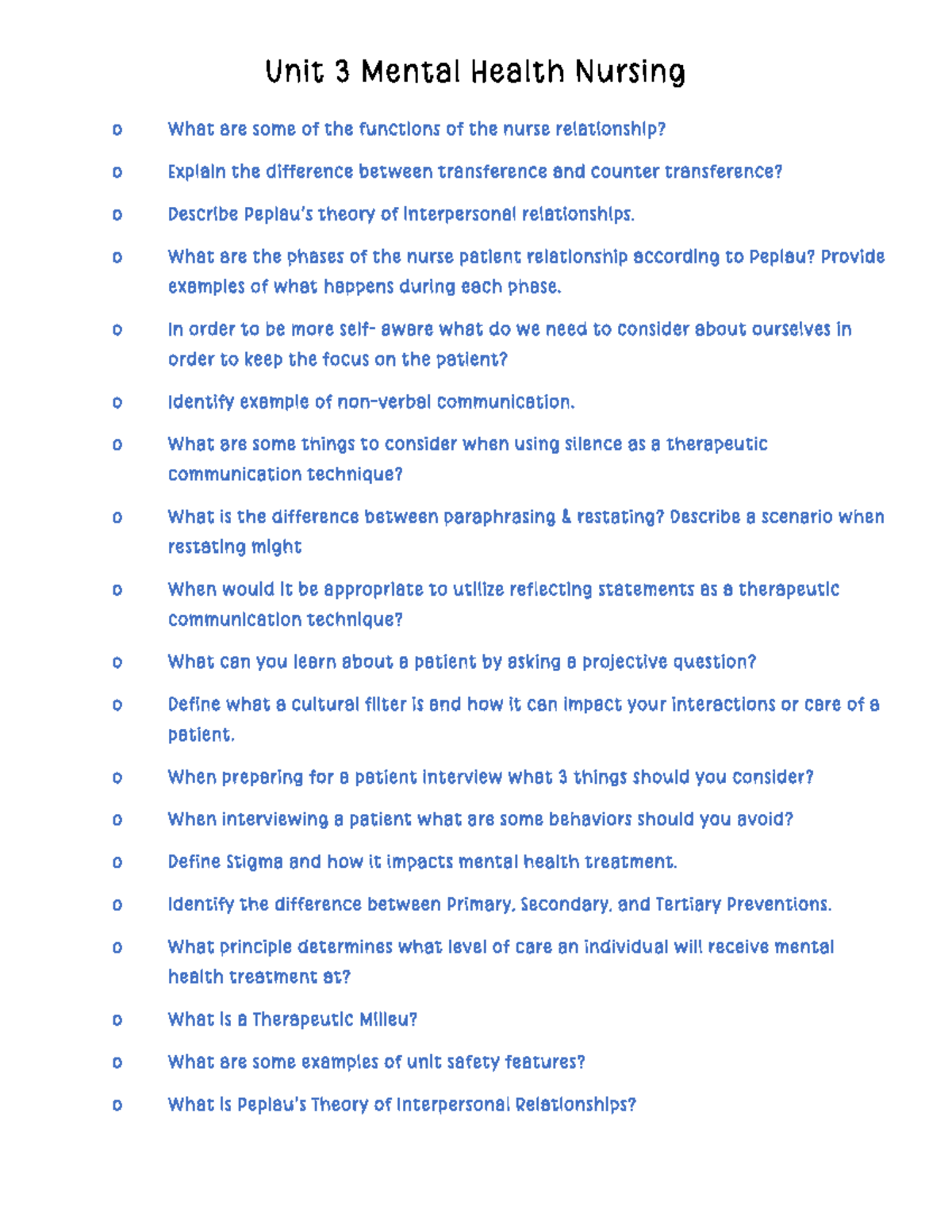 Unit 3 Reading Tool - review - Unit 3 Mental Health Nursing o What are ...