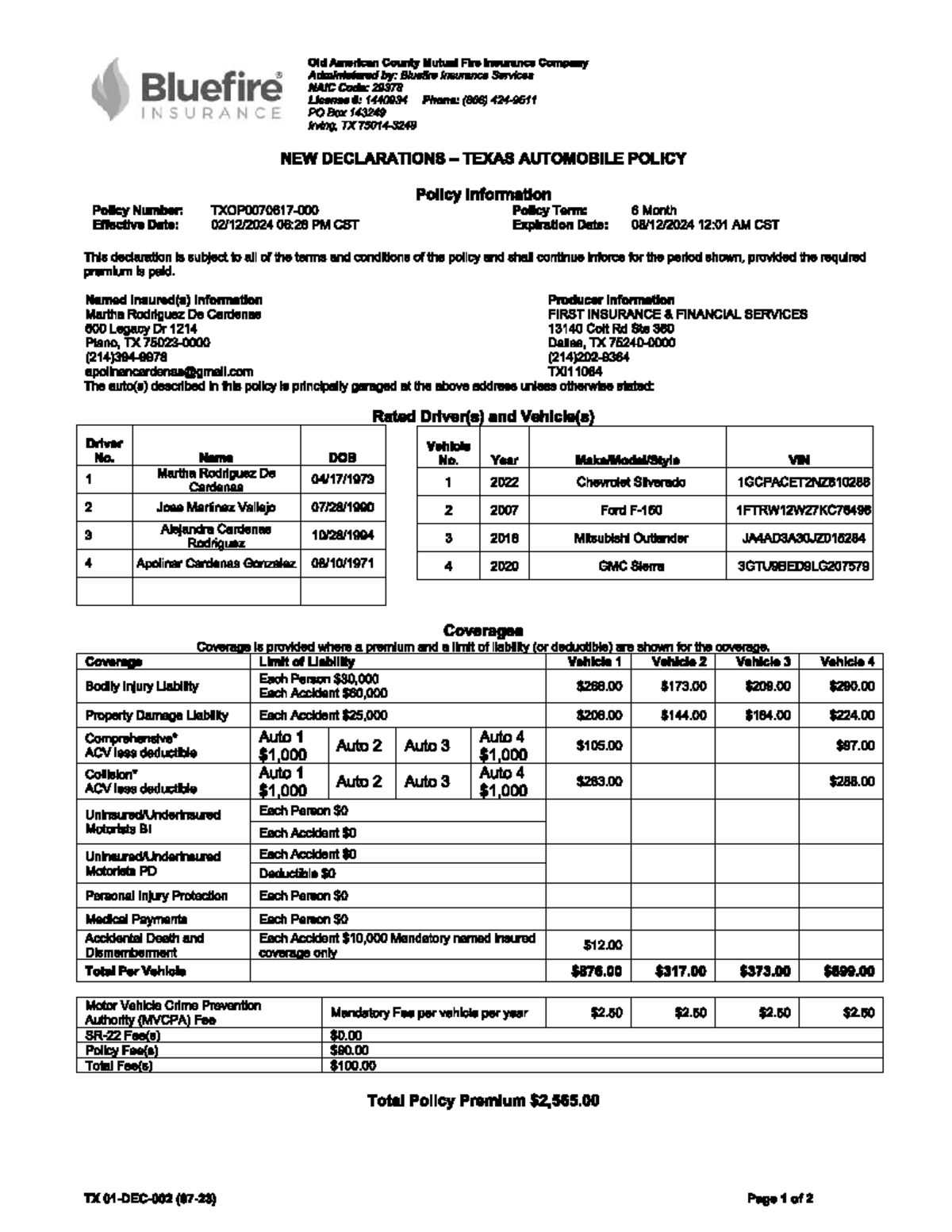 Martha Cardenas Decpage - Old American County Mutual Fire Insurance Company Bluefire ...