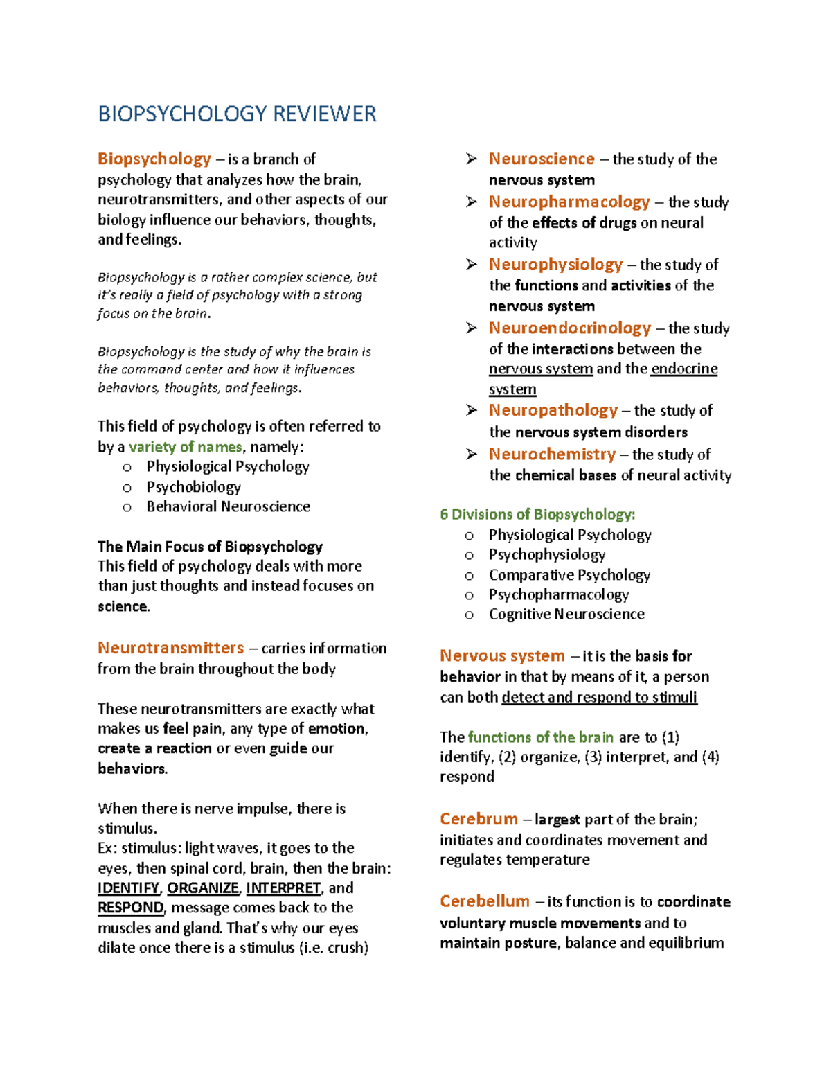 Biopsychology-Finals-Reviewer - BIOPSYCHOLOGY REVIEWER Biopsychology ...