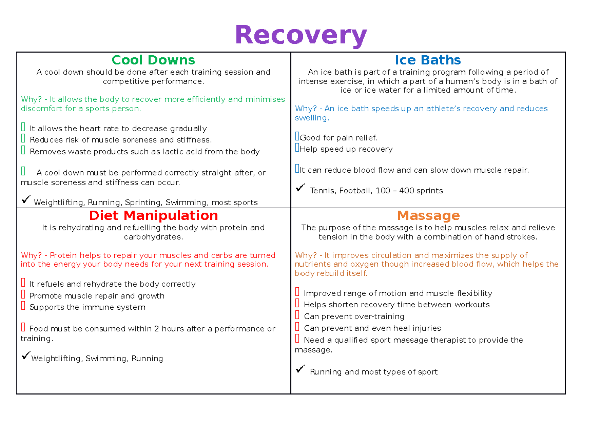 Recovery Methods - Recovery Cool Downs A cool down should be done after ...