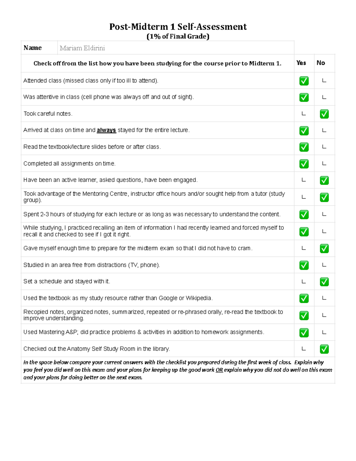 Self assessment - Post-Midterm 1 Self-Assessment (1% of Final Grade ...