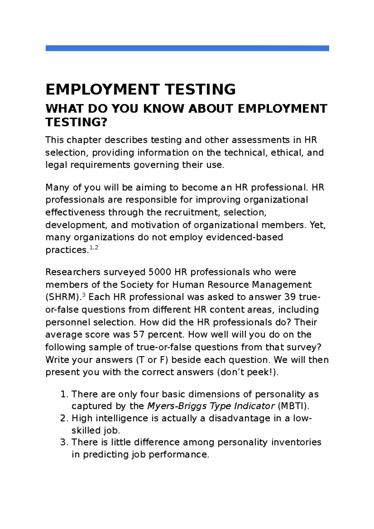 Employment Testing - Important - EMPLOYMENT TESTING WHAT DO YOU KNOW ...