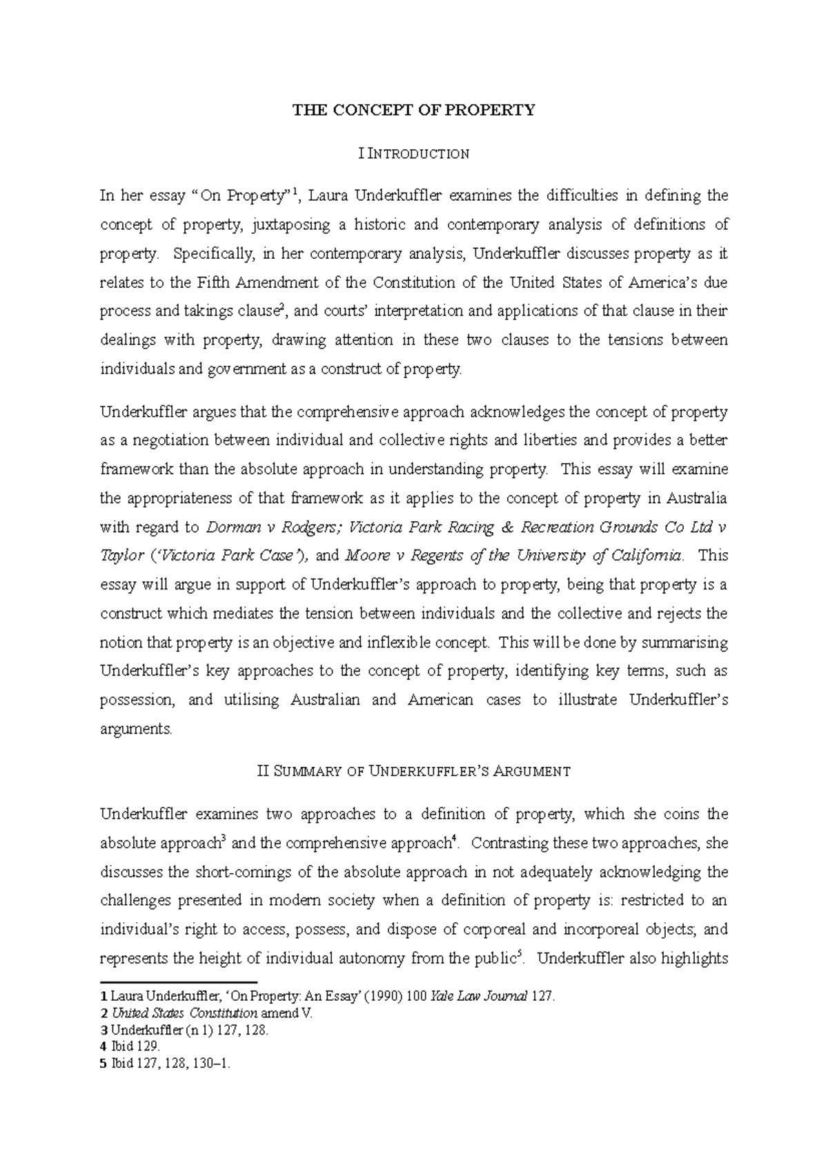 Research Essay - THE CONCEPT OF PROPERTY I INTRODUCTION In her essay ...