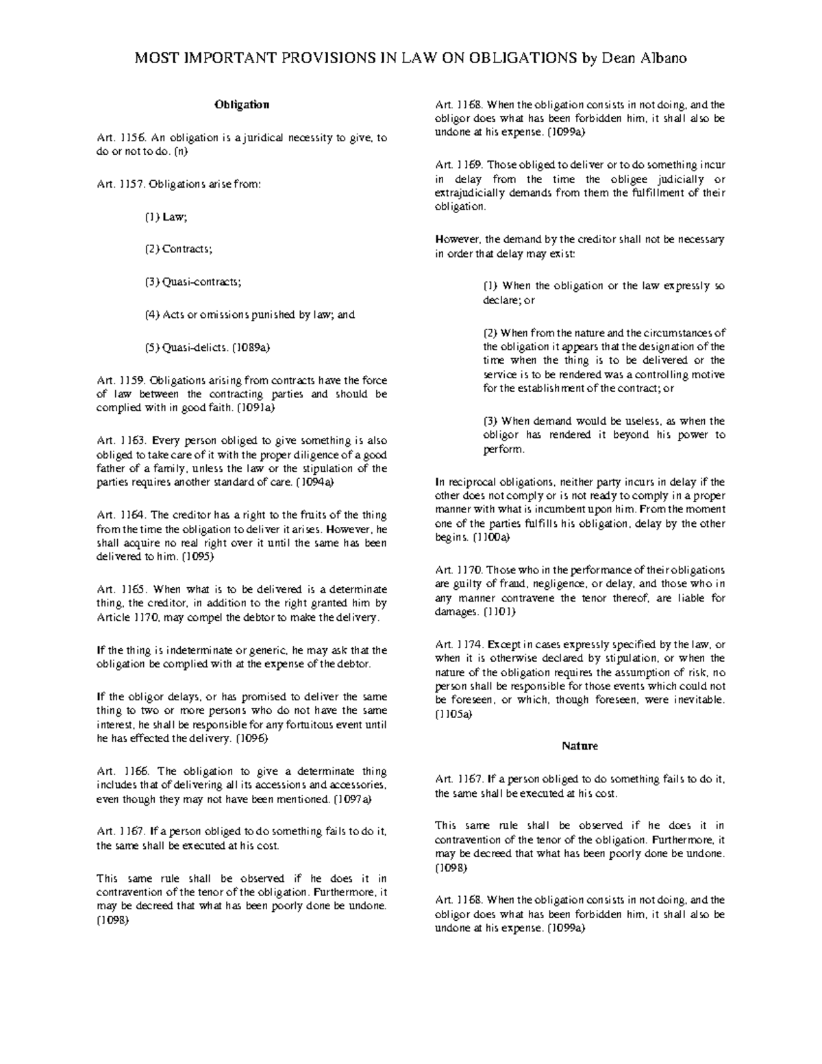 Most Important Provisions in Law on Obligations - Obligation Art. 1156 ...