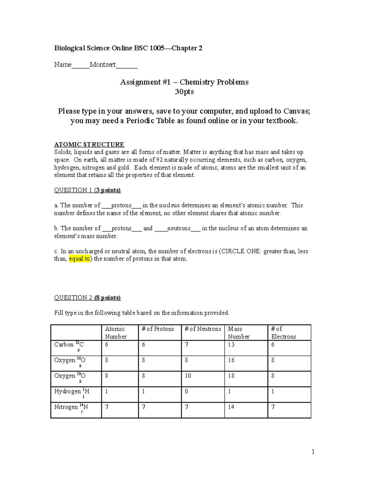 Assignment #1 Chemistry 9.24.2019 - Biological Science Online BSC 1005 ...