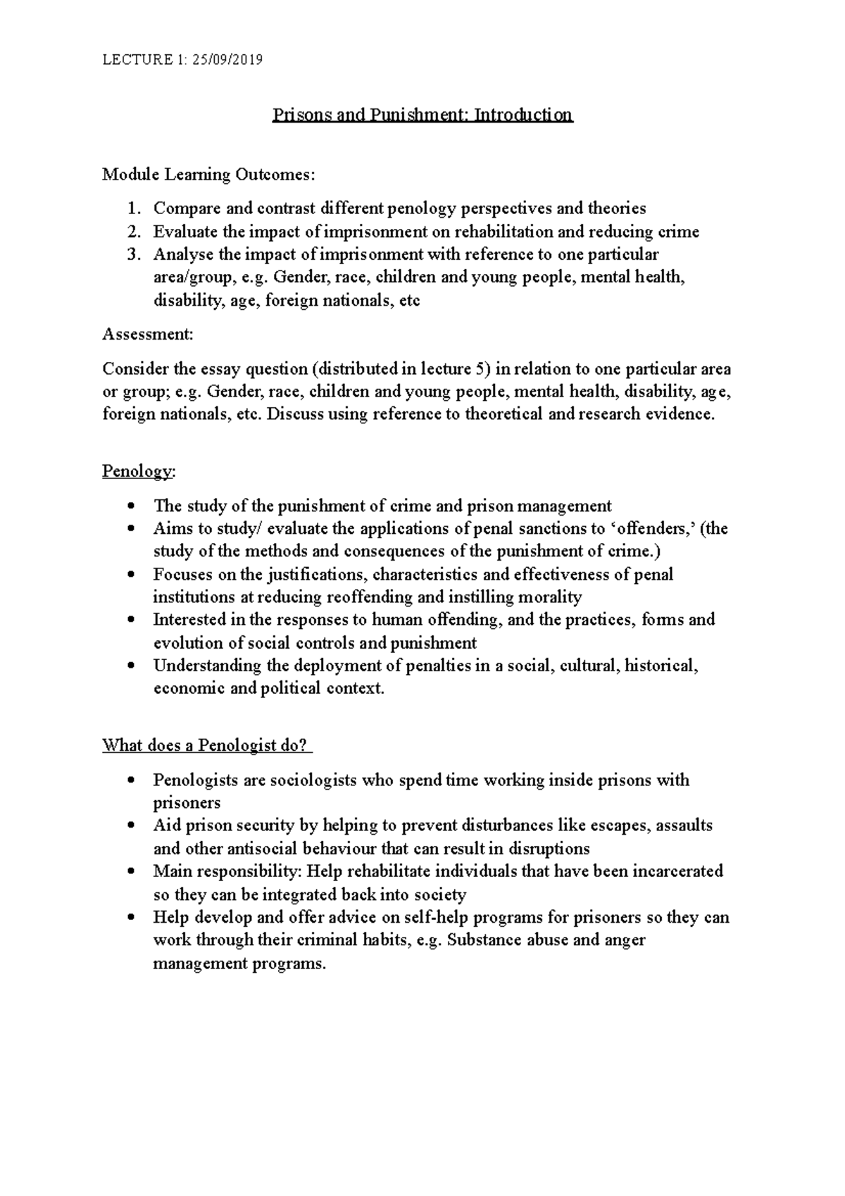 Lecture 1 - Prisons and Punishment - LECTURE 1: 25/09/ Prisons and ...