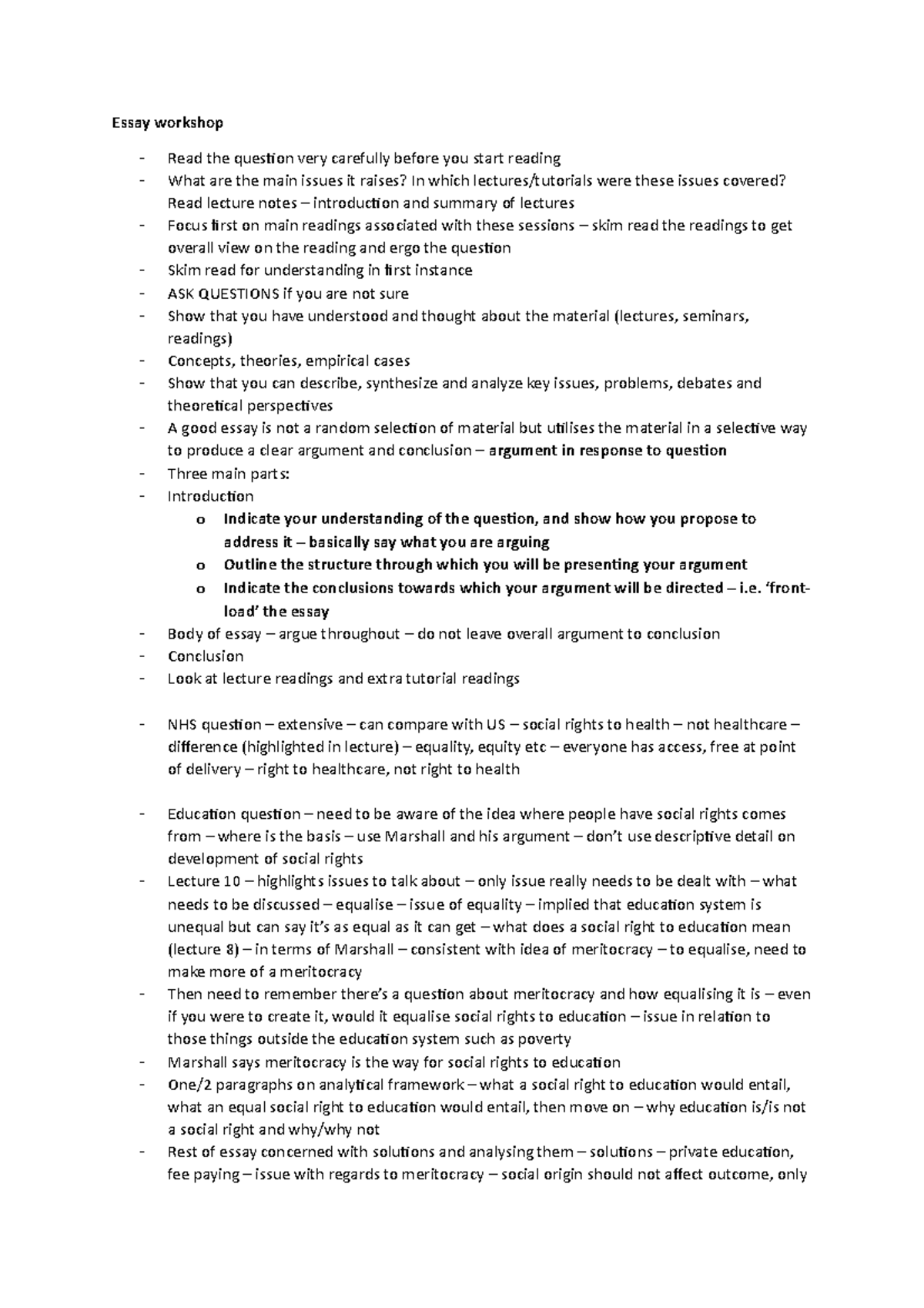 Lecture 12 Essay workshop - Essay workshop Read the question very ...