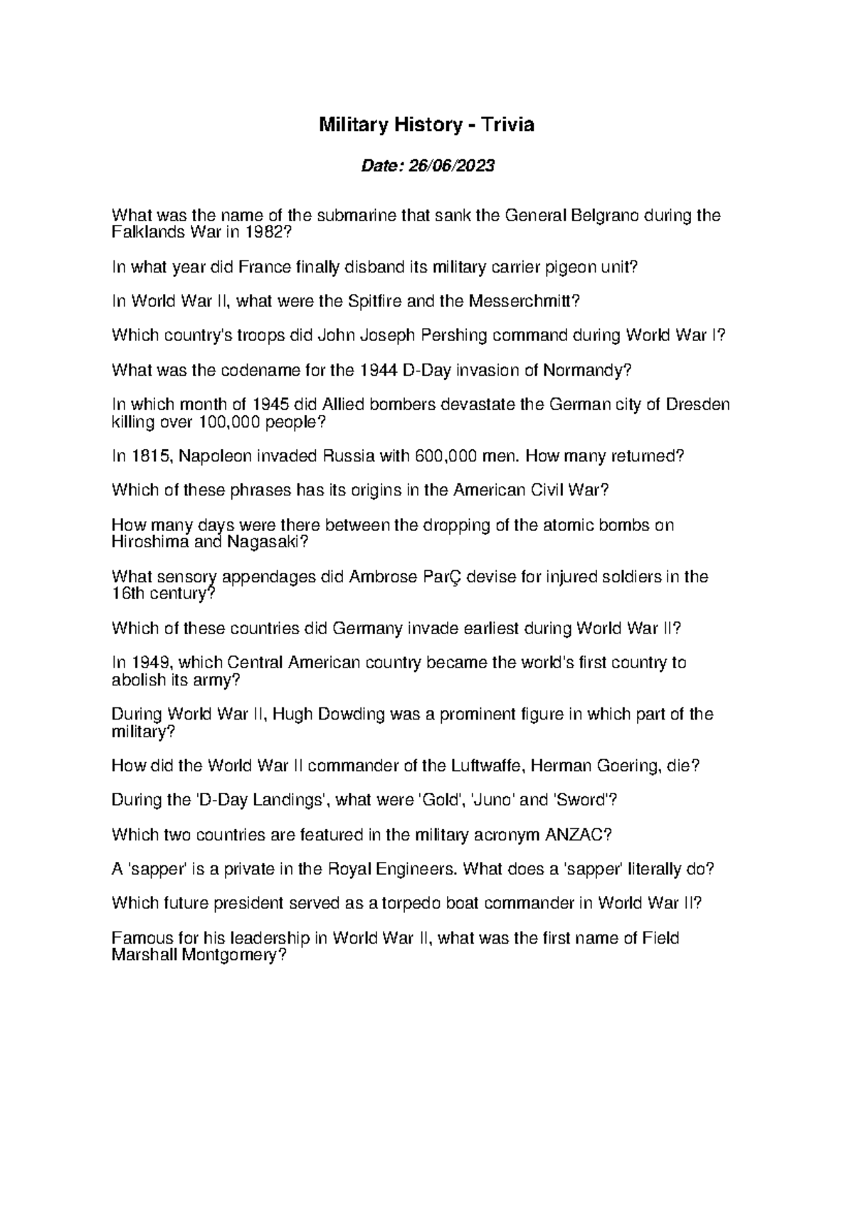 Military History Trivia 63 - Military History - Trivia Date: 26/06 ...