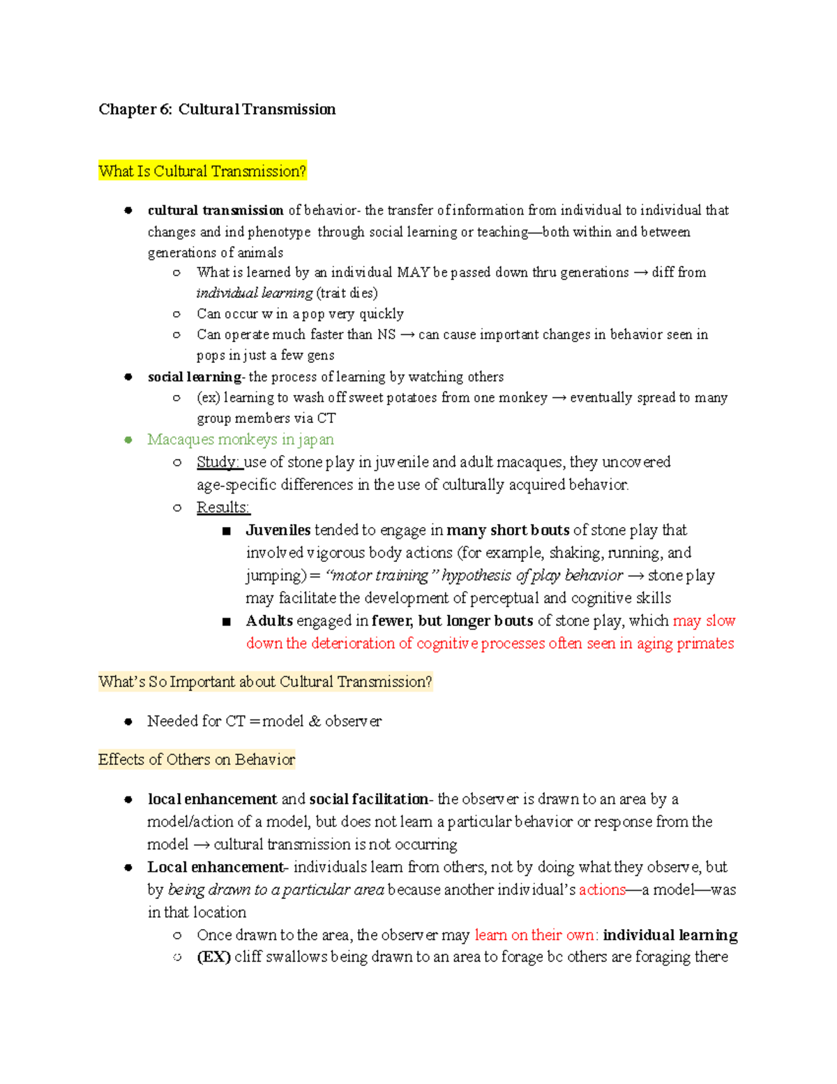 PSYC327 Chapter 6 - Chapter 6: Cultural Transmission What Is Cultural ...