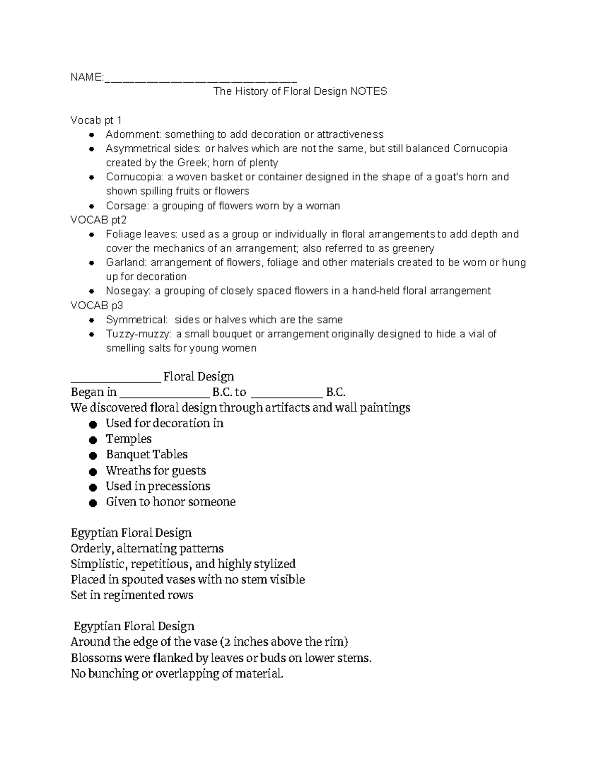 Floral Design history notes- fall 2022 - NAME ...