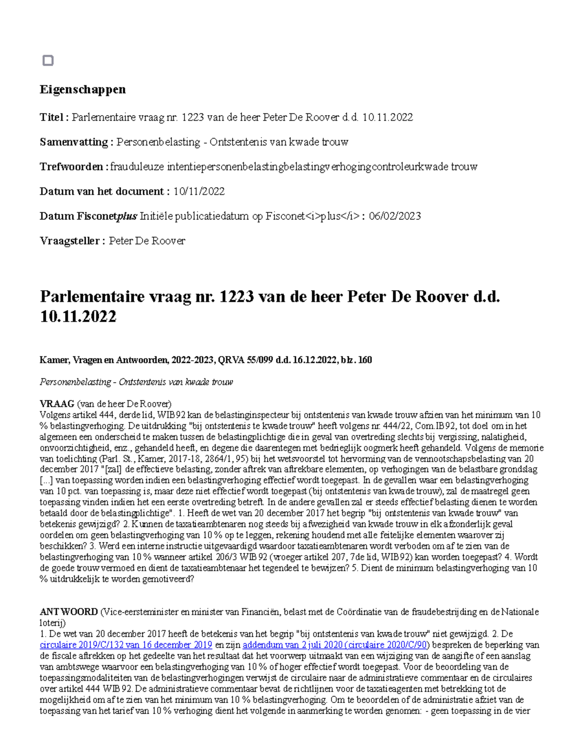 Parlementaire vraag nr. 1223 van de heer Peter De Roover d.d. 10 ...